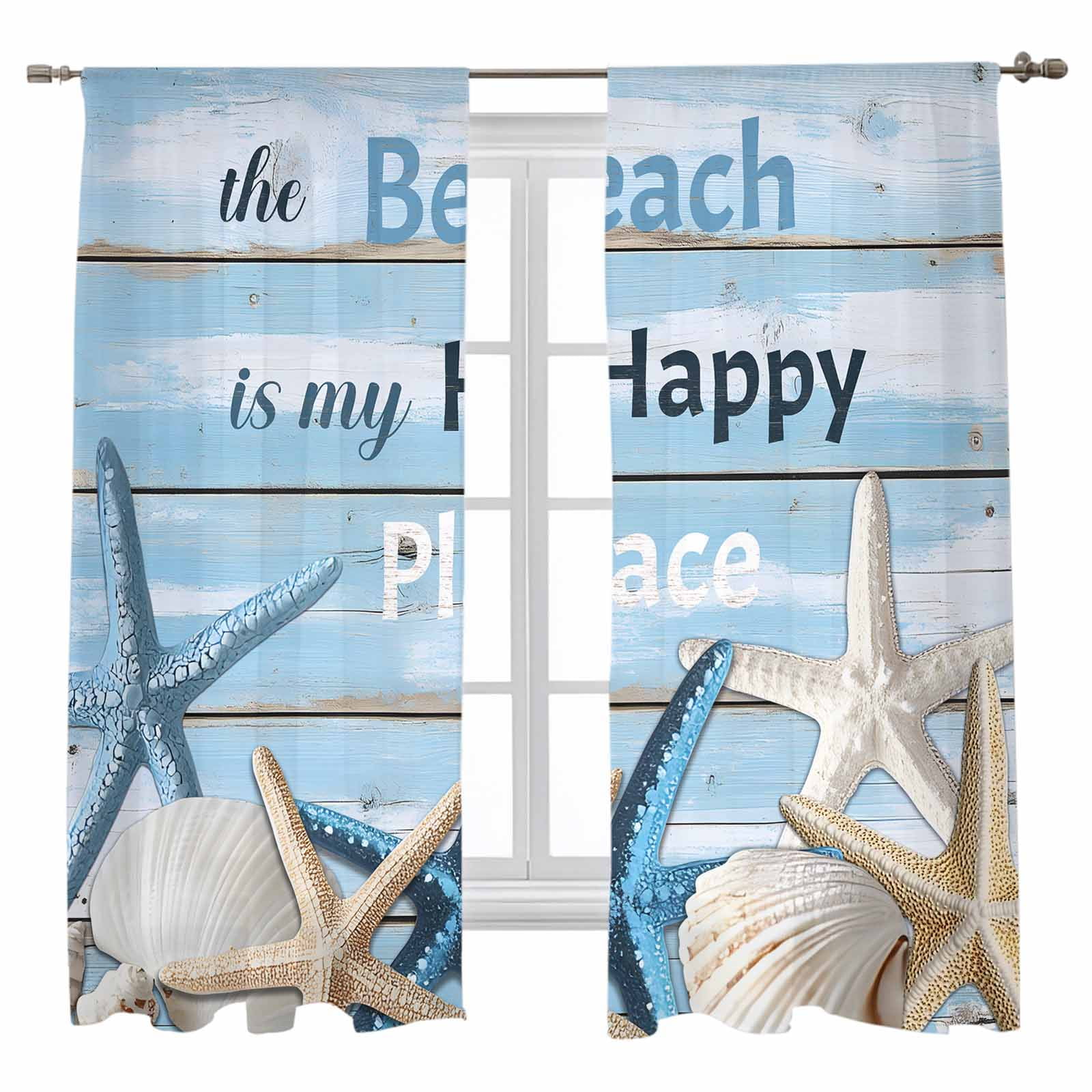 The Beach Is My Happy Place Sheer Curtains 2 Panels Set, Shell Starfish ...