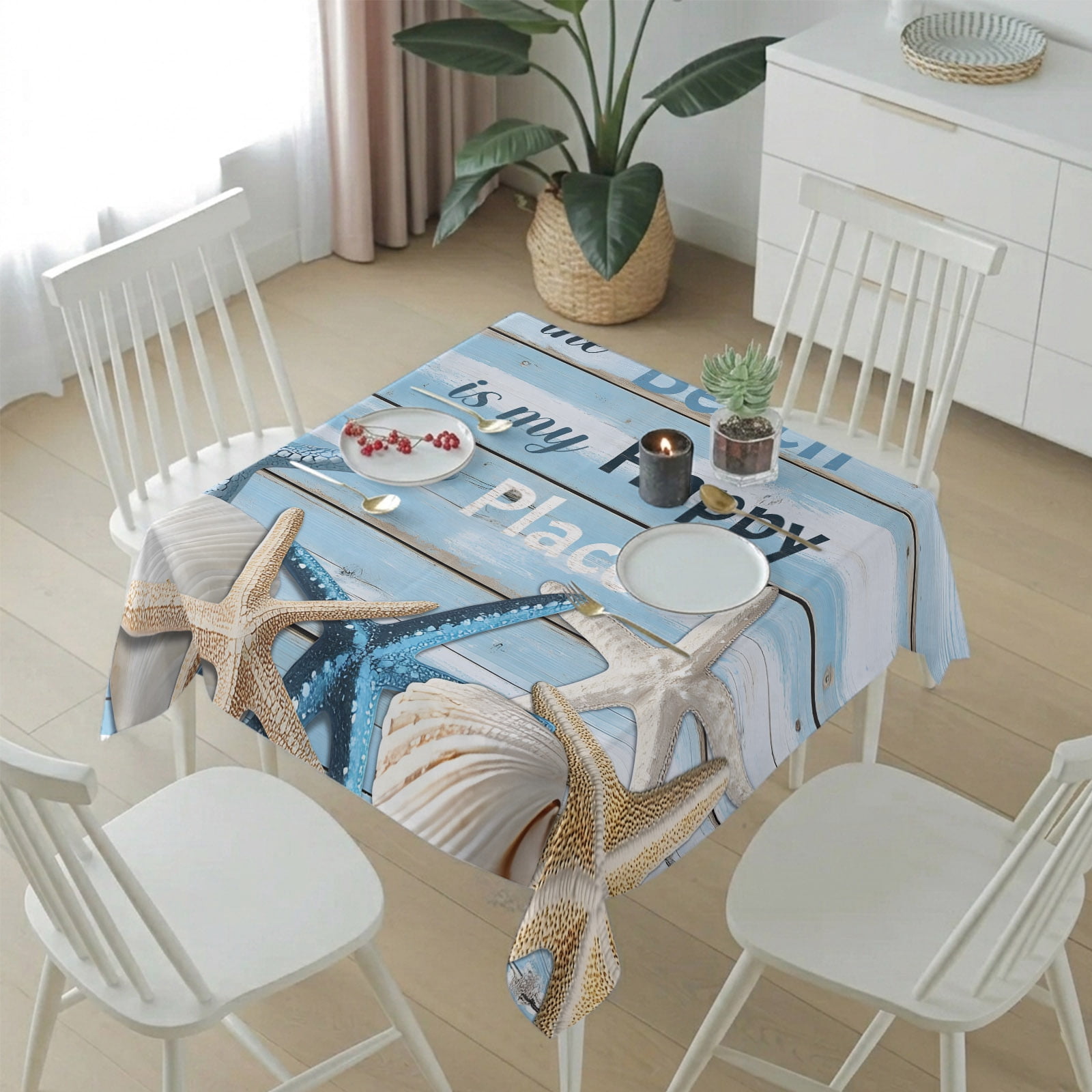 Beach Happy Place Starfish Shell Table Cloth 54x54in, Waterproof Square ...