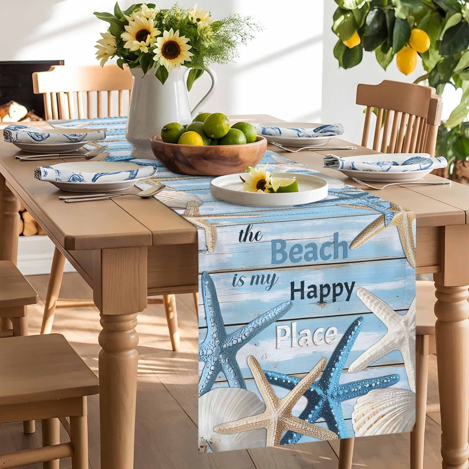 The Beach Is My Happy Place Table Runner, Shell Starfish Washable ...