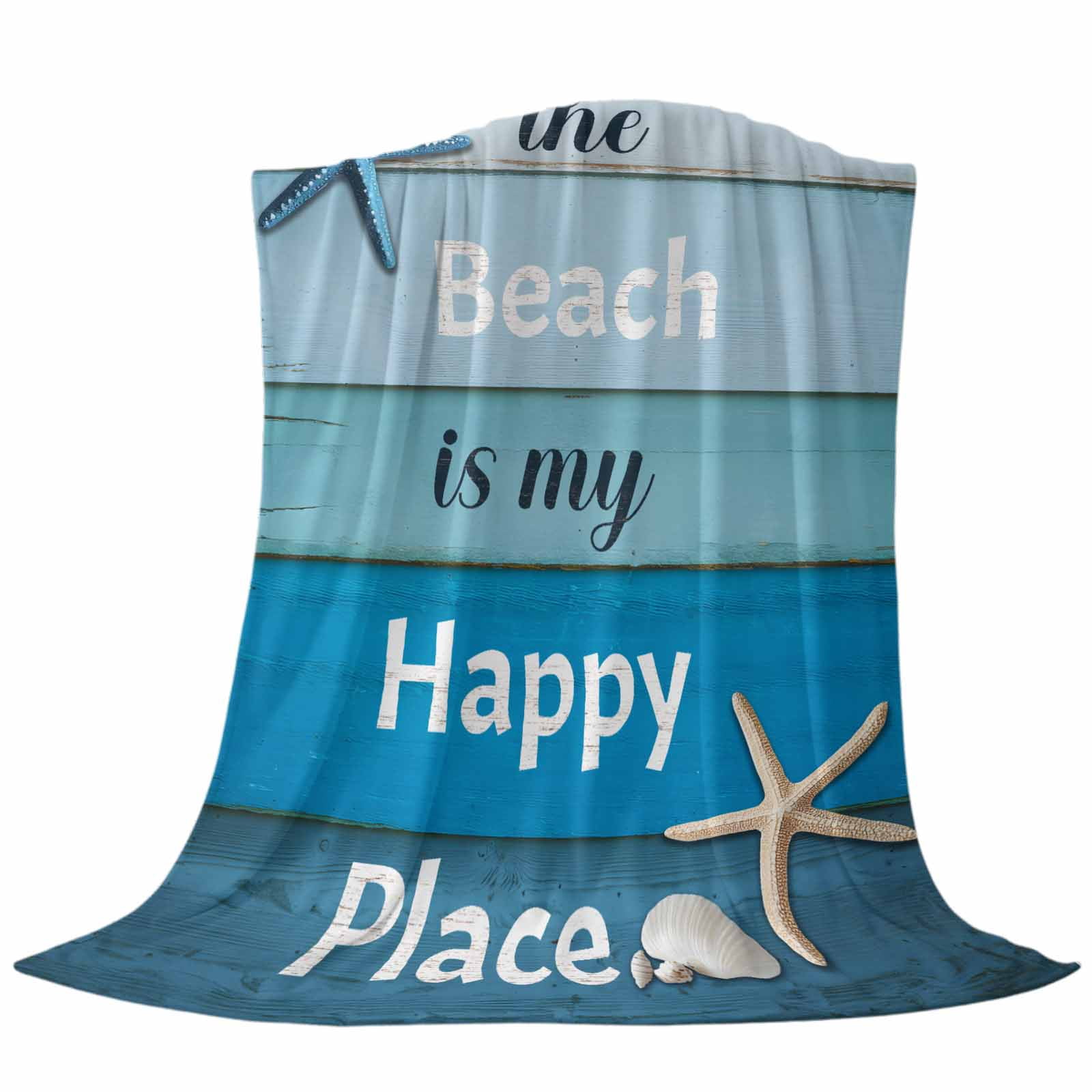 The Beach Is My Happy Place Throw Flannel Blanket Starfish Shell Blue ...