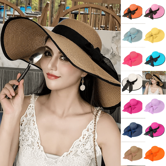 Beach Hats for Women Big Straw Wide Brim Summer Hat Floppy Foldable ...