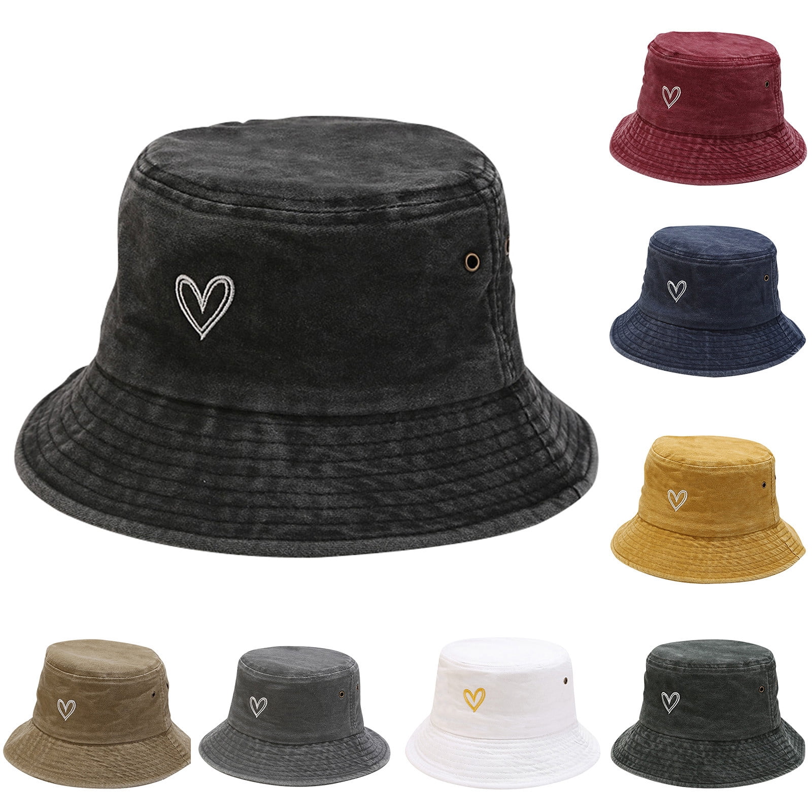 Beach Hats for Women Unisex Washed Heart Embroidered Foldable Bucket ...