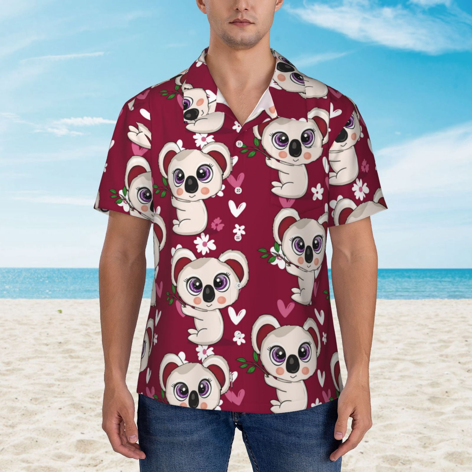 Beach Hawaiian Shirt For Men With Pocket, Big Eyes Koala Burgundy Short ...