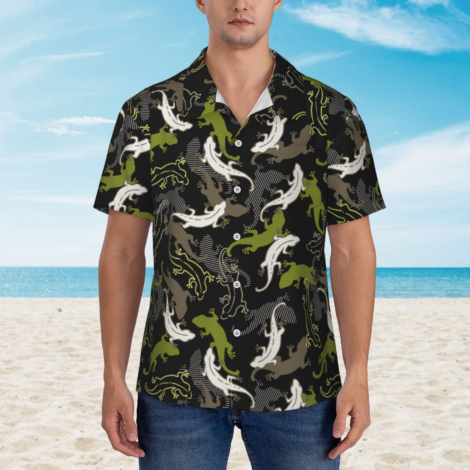 Beach Hawaiian Shirt For Men With Pocket, Cartoon Cute Lizard Gecko ...