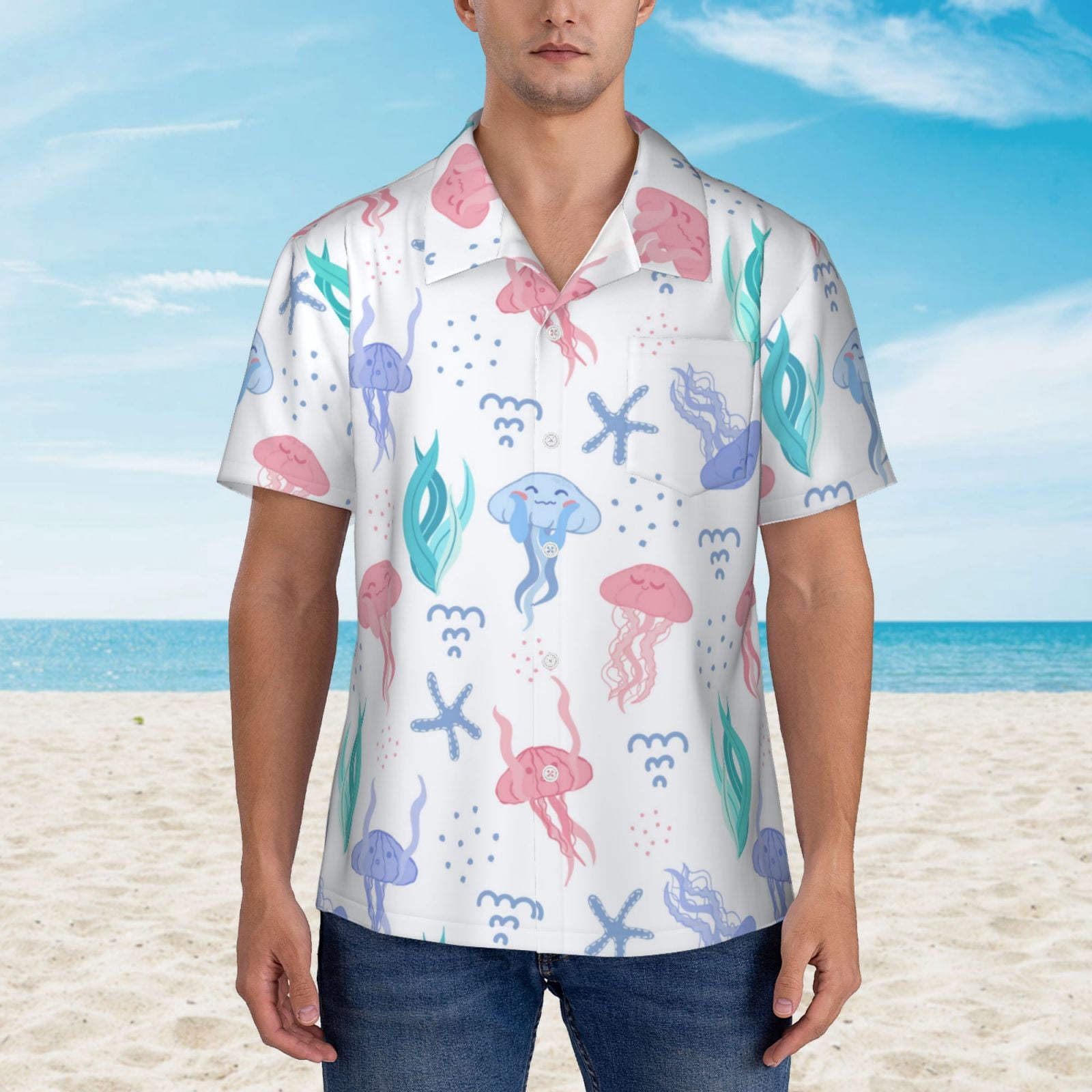 Beach Hawaiian Shirt For Men With Pocket, Cartoon Jellyfish Seaweed ...
