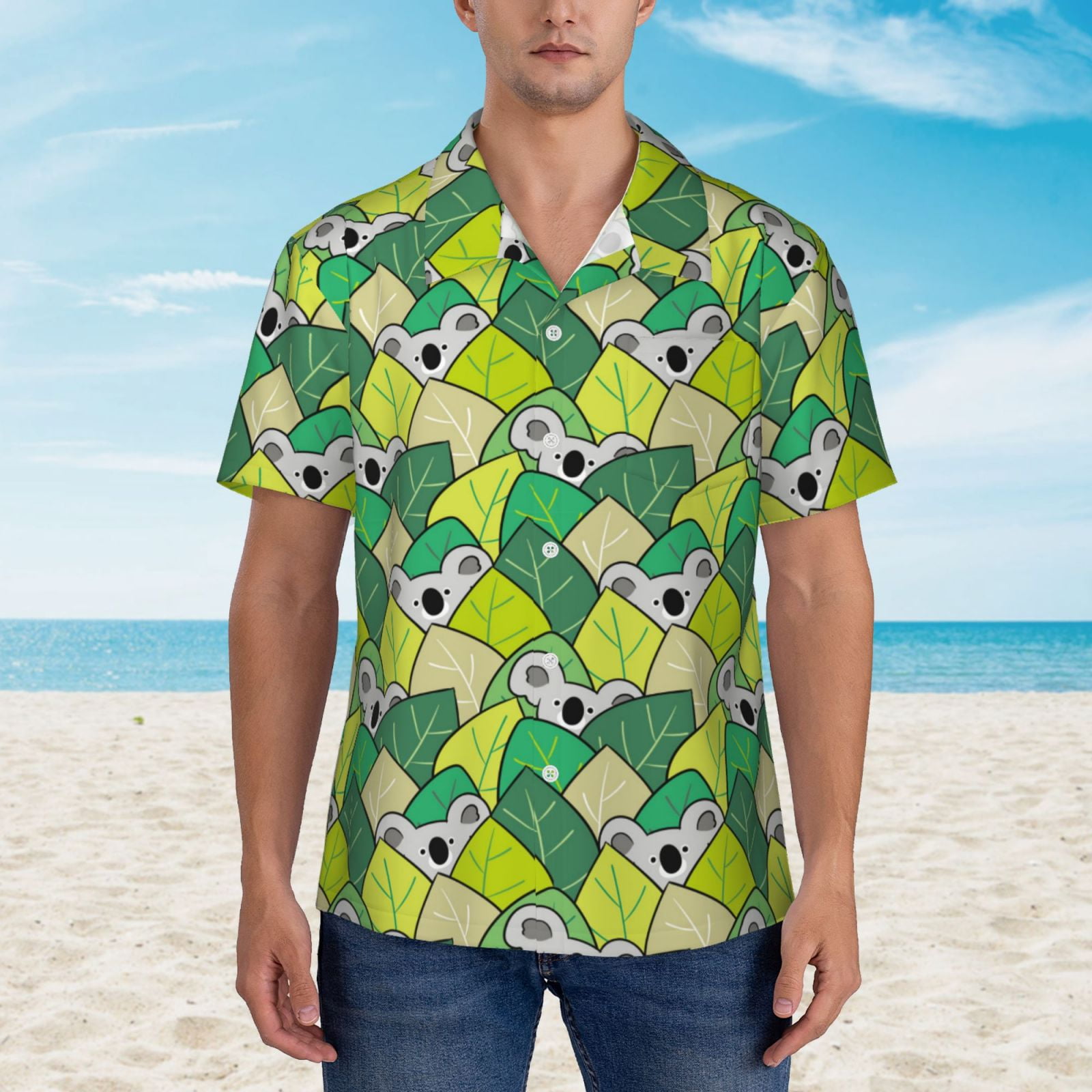 Beach Hawaiian Shirt For Men With Pocket, Cartoon Koala Bear And Leaf ...