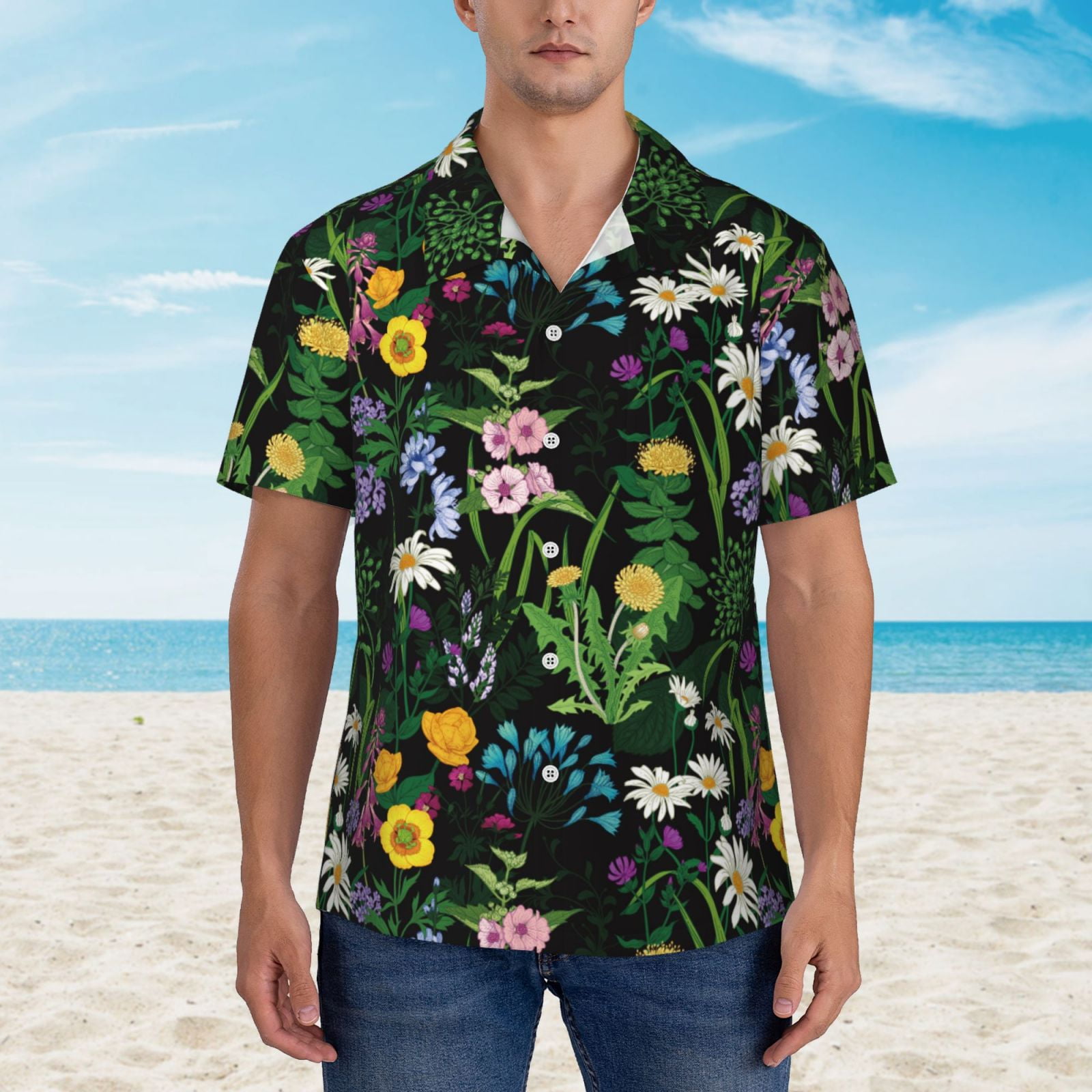 Beach Hawaiian Shirt For Men With Pocket, Chamomile Short Sleeve Button ...