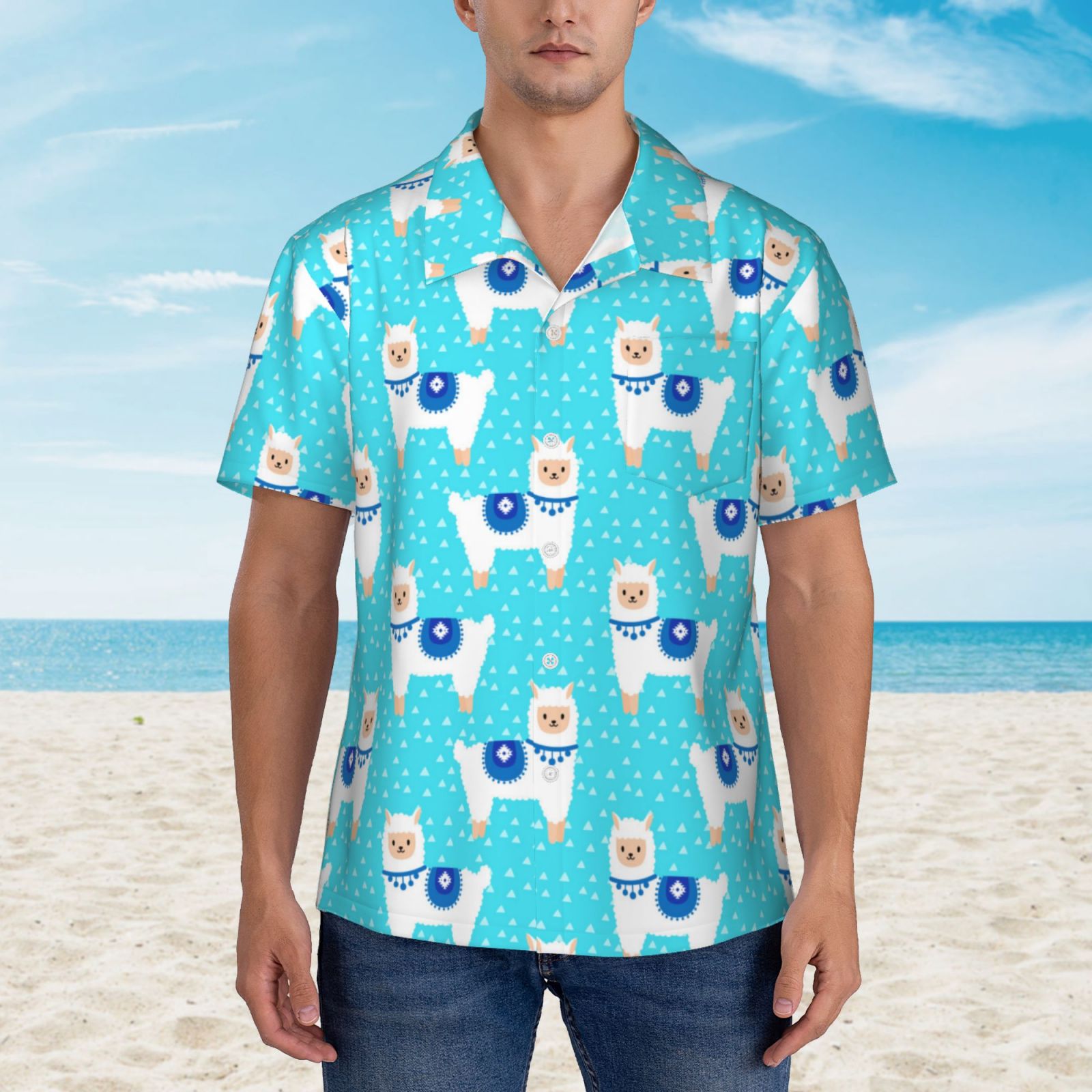 Beach Hawaiian Shirt For Men With Pocket, Classic Cute Alpaca Short ...