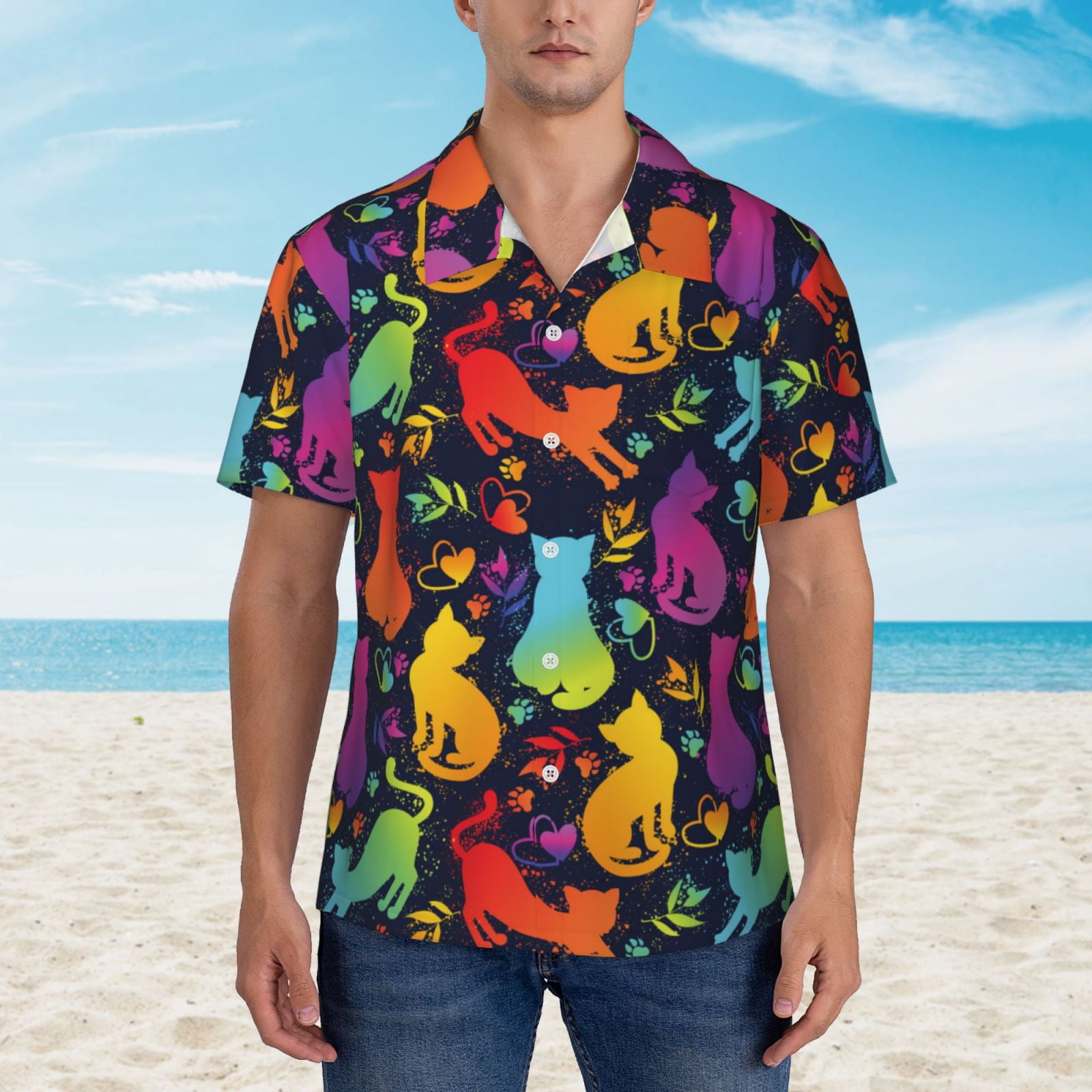 Beach Hawaiian Shirt For Men With Pocket, Colorful Cats Short Sleeve ...