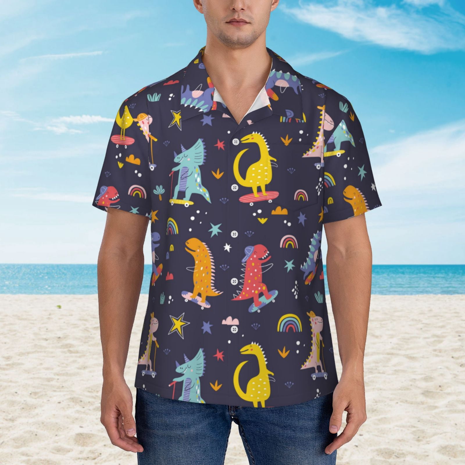 Beach Hawaiian Shirt For Men With Pocket, Colorful Dinosaur Rainbow ...
