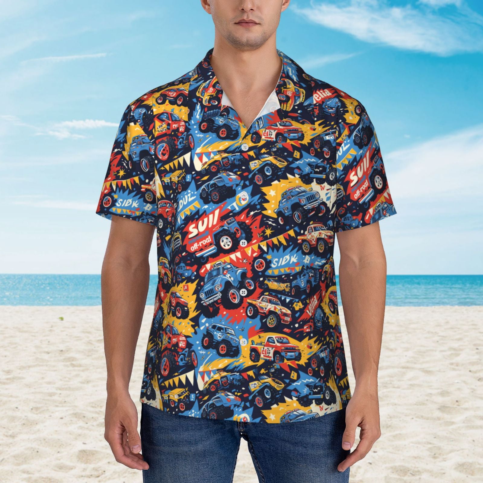 Beach Hawaiian Shirt For Men With Pocket, Colorful Off Road Racing Car ...