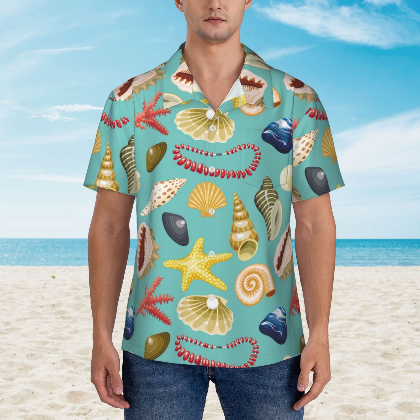 Beach Hawaiian Shirt For Men With Pocket, Conch Shells Print No.9020 ...
