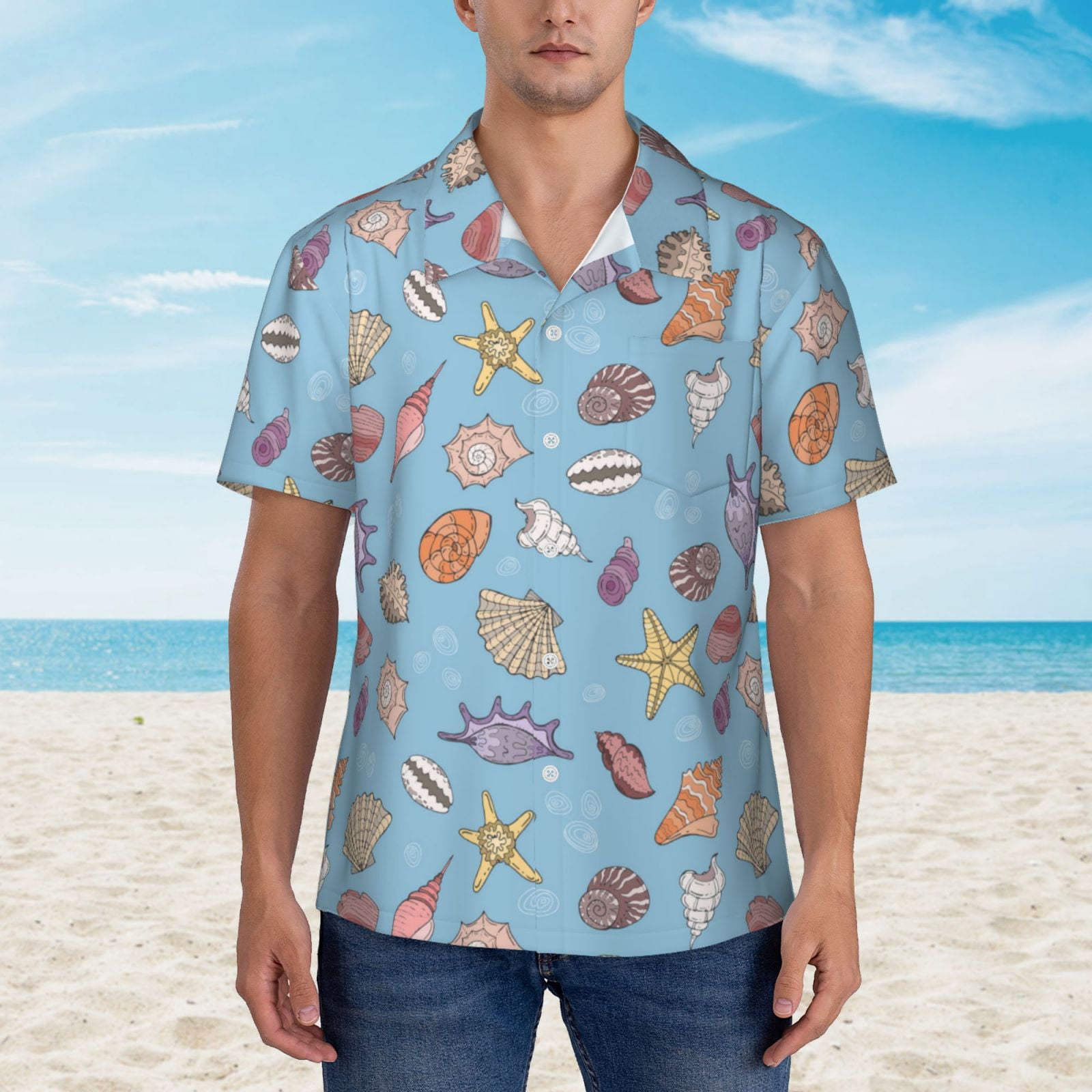 Beach Hawaiian Shirt For Men With Pocket, Conch Shells Print No.904 ...