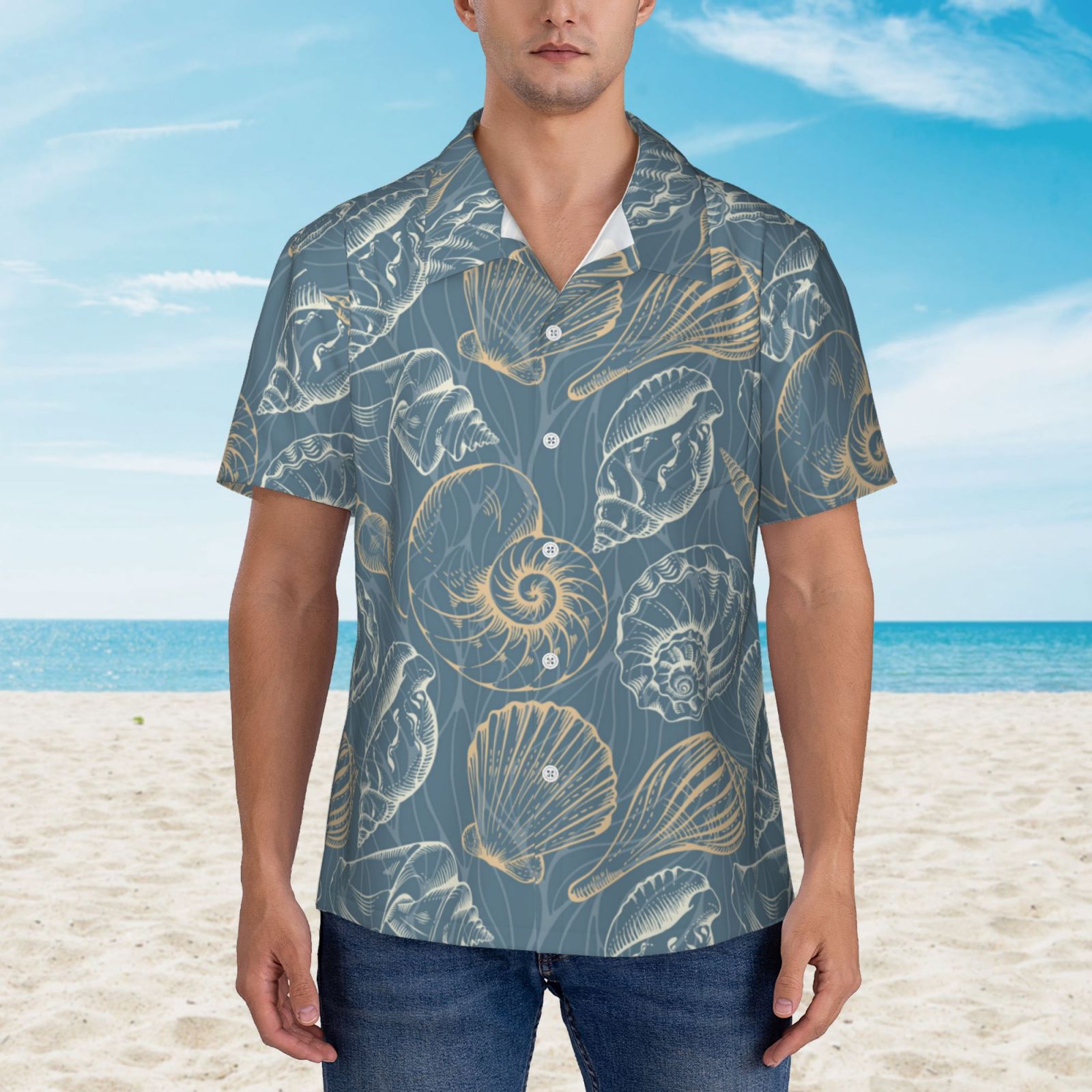 Beach Hawaiian Shirt For Men With Pocket, Conch Shells Print No.905 ...