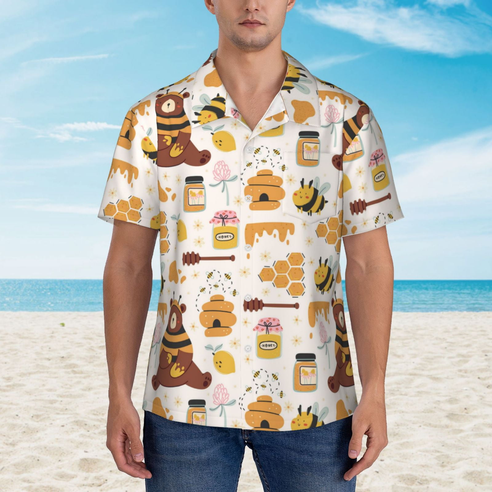 Beach Hawaiian Shirt For Men With Pocket, Cute Bee Honey Jar Hive Bear ...