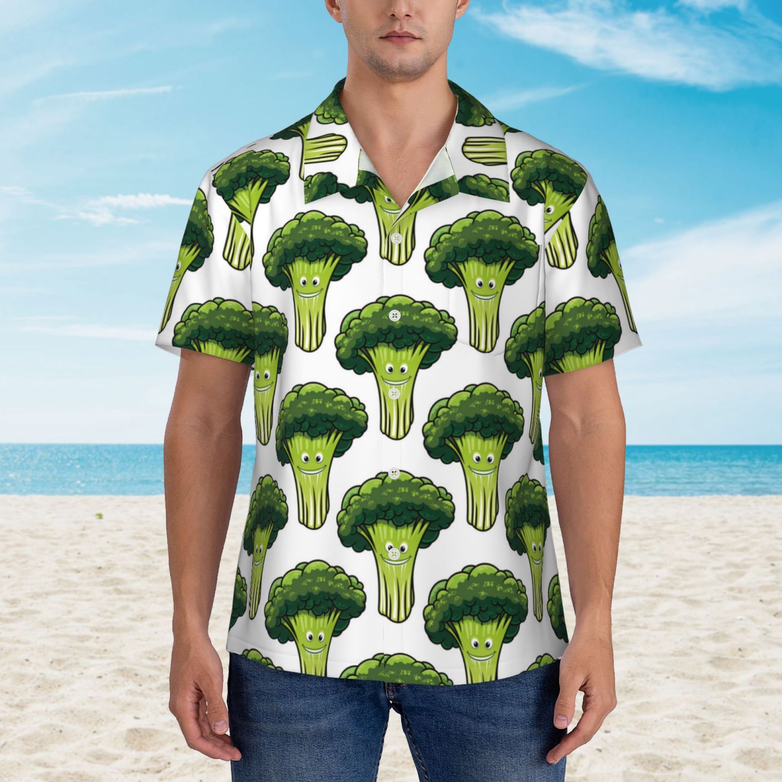Beach Hawaiian Shirt For Men With Pocket, Cute Broccoli Short Sleeve ...