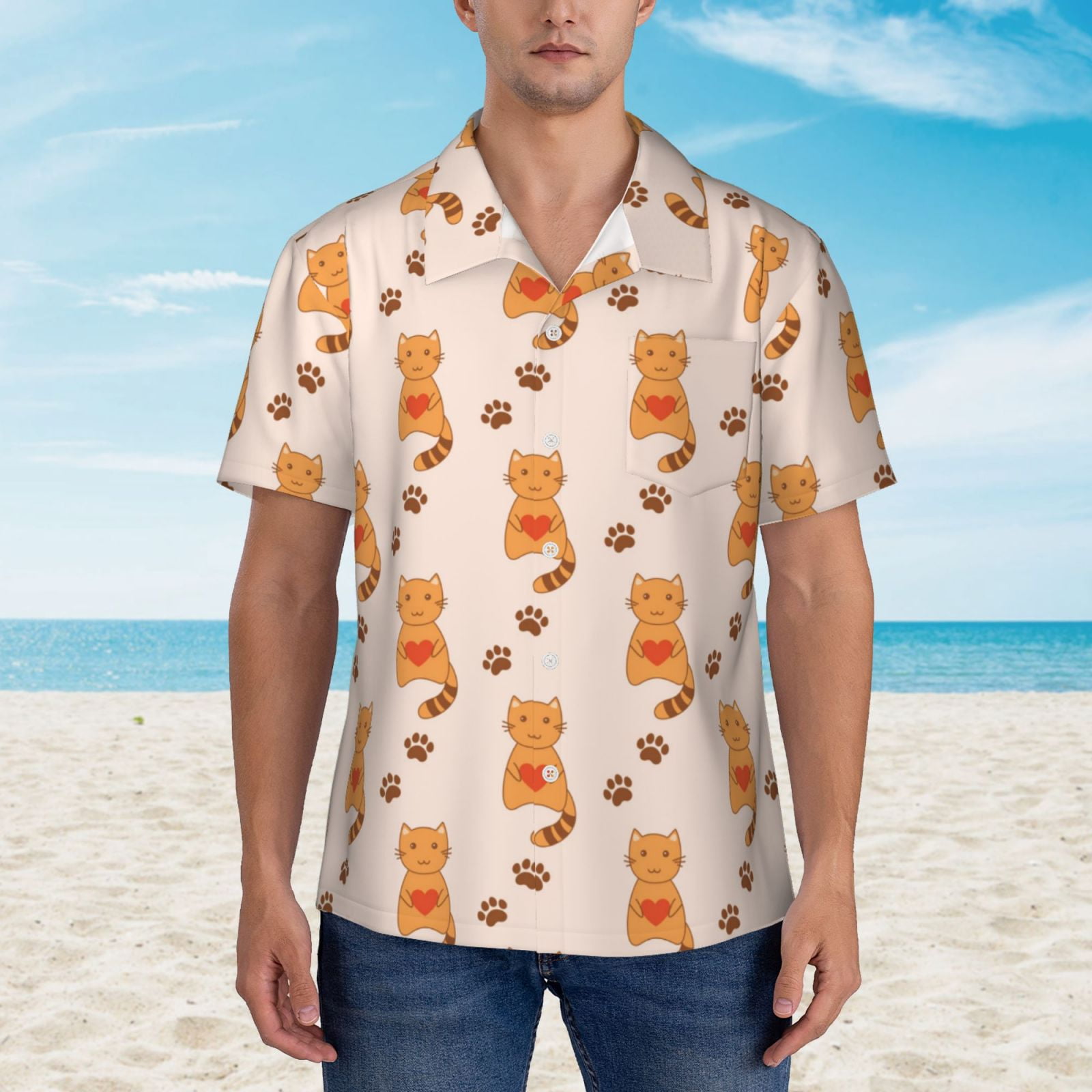Beach Hawaiian Shirt For Men With Pocket, Cute Cartoon Loving Cat Short ...