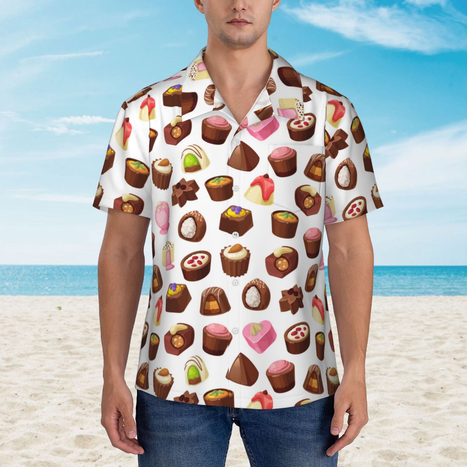 Beach Hawaiian Shirt For Men With Pocket, Cute Chocolate Print Short ...