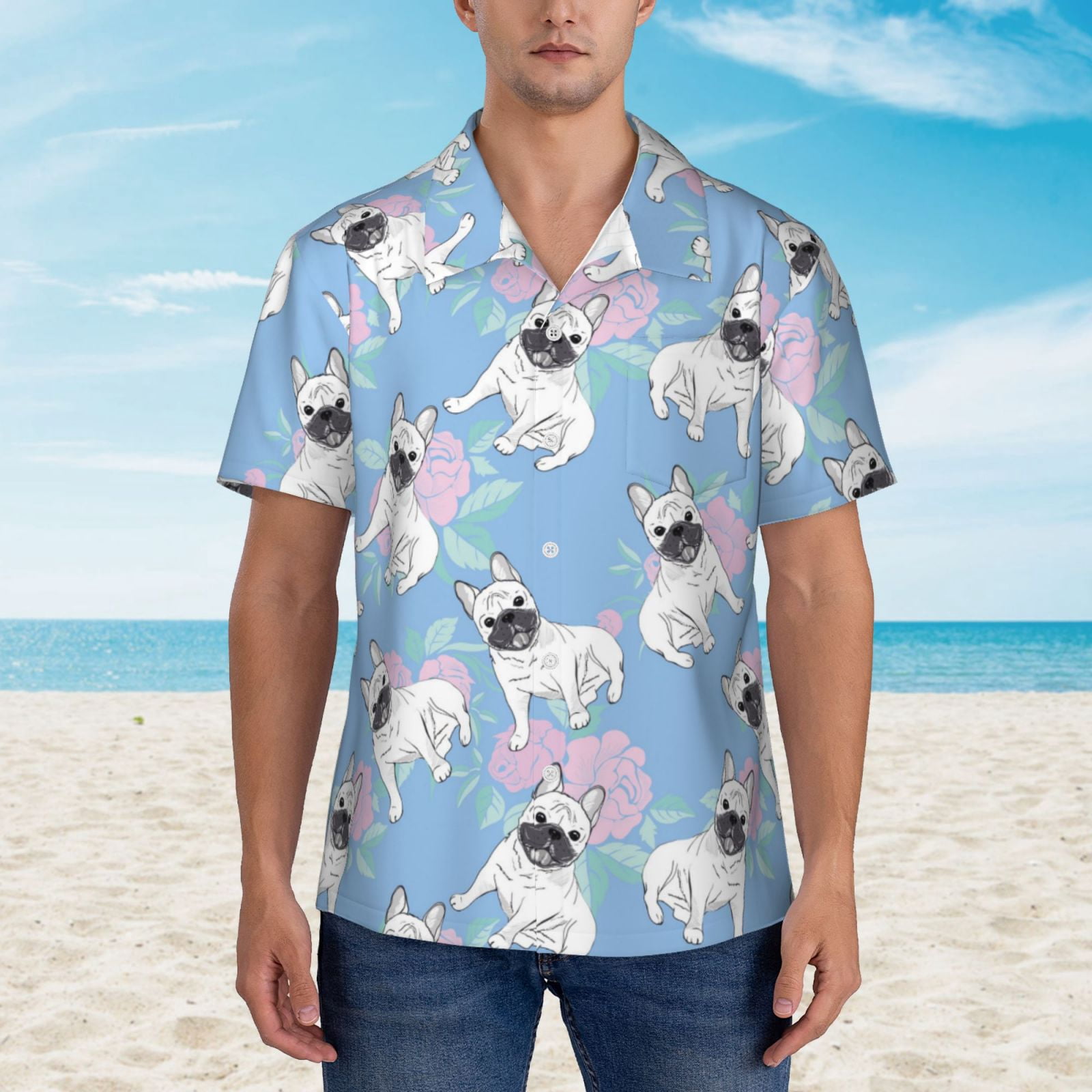 Beach Hawaiian Shirt For Men With Pocket, Cute French Bulldog Flowers ...
