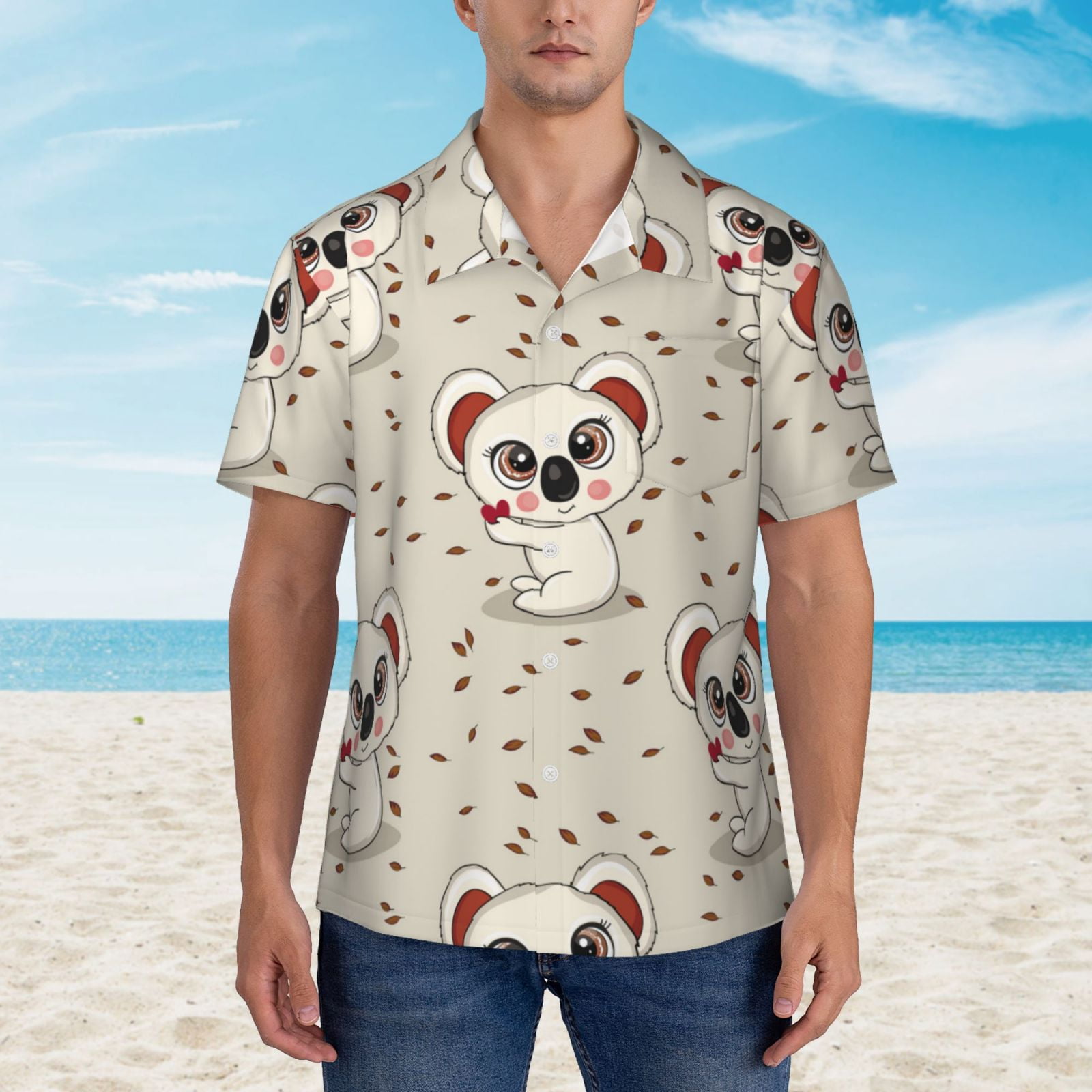 Beach Hawaiian Shirt For Men With Pocket, Cute Koala Off White Short ...