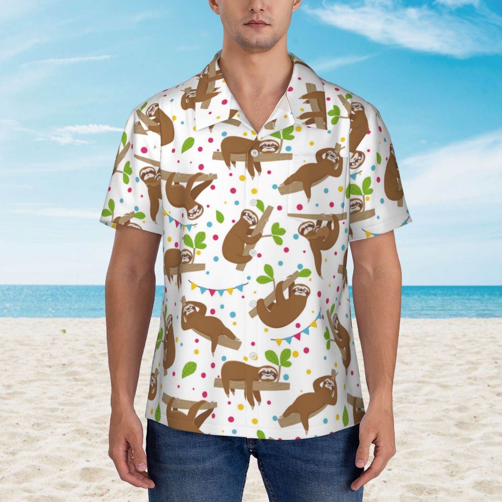 Beach Hawaiian Shirt For Men With Pocket, Cute Sloth Az Short Sleeve ...
