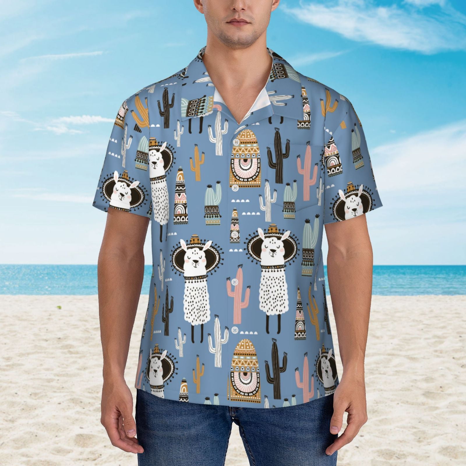 Beach Hawaiian Shirt For Men With Pocket, Exotic Cute Alpaca Cactus ...