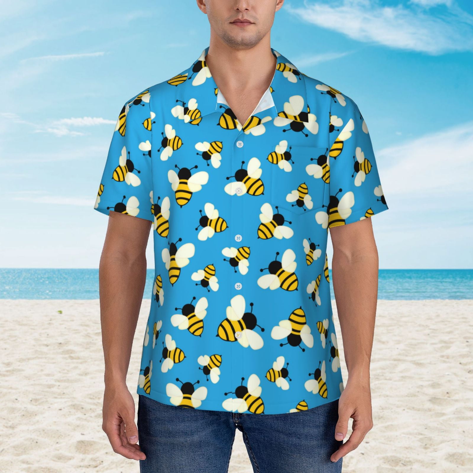 Beach Hawaiian Shirt For Men With Pocket, Flying Bees Short Sleeve Button Down Shirts For Summer ...