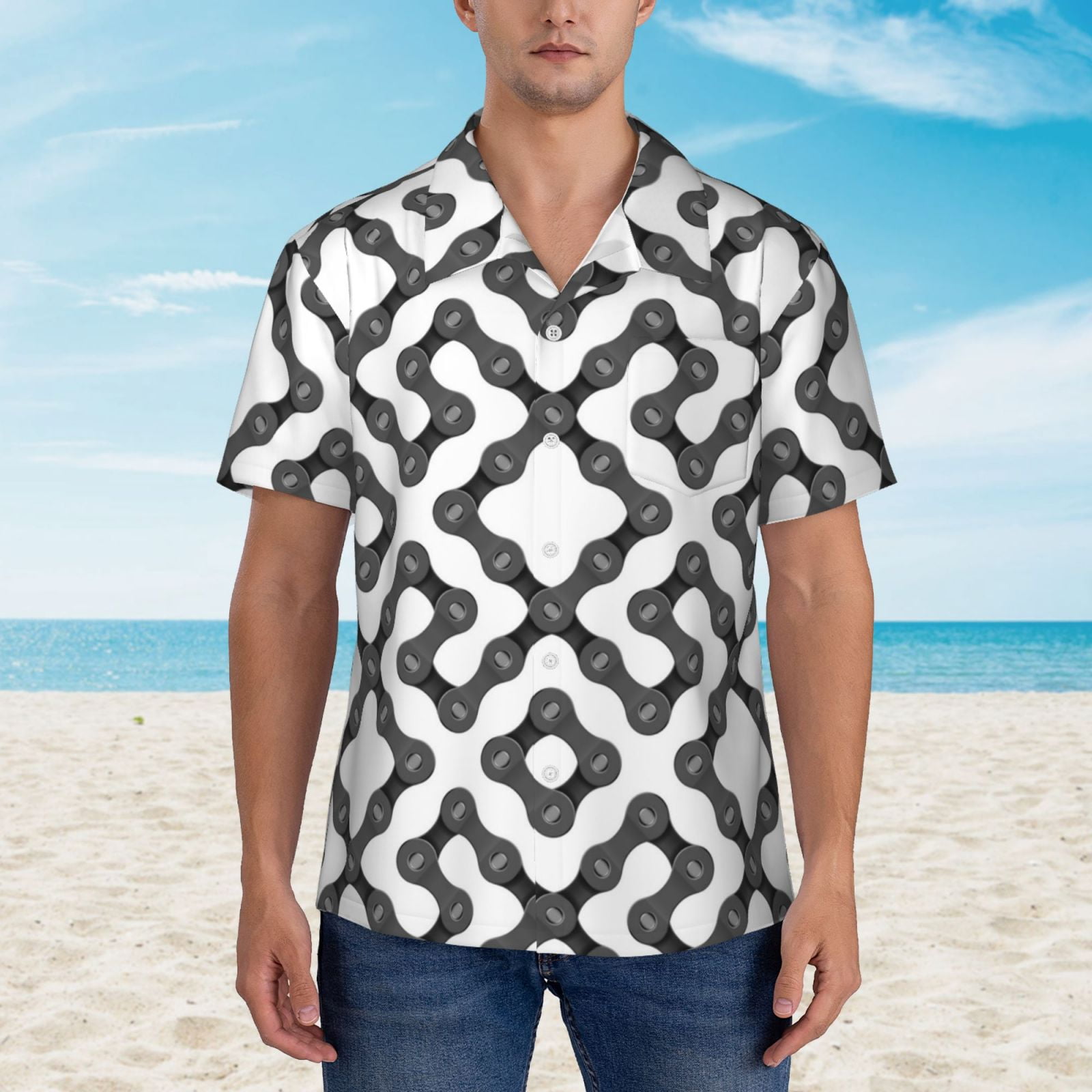 Beach Hawaiian Shirt For Men With Pocket, Grey Bike Chains Pattern ...