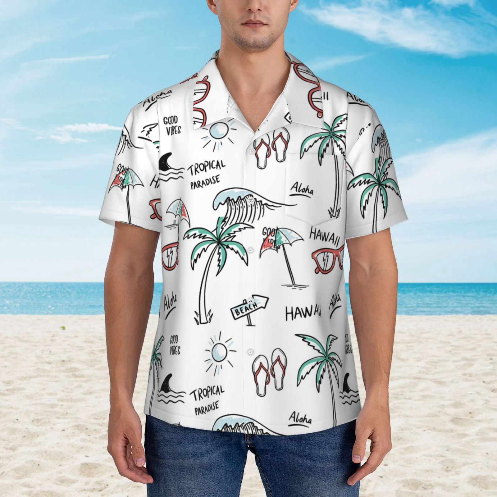 Beach Hawaiian Shirt For Men With Pocket, Hawaii Palm Trees Flip Flops ...