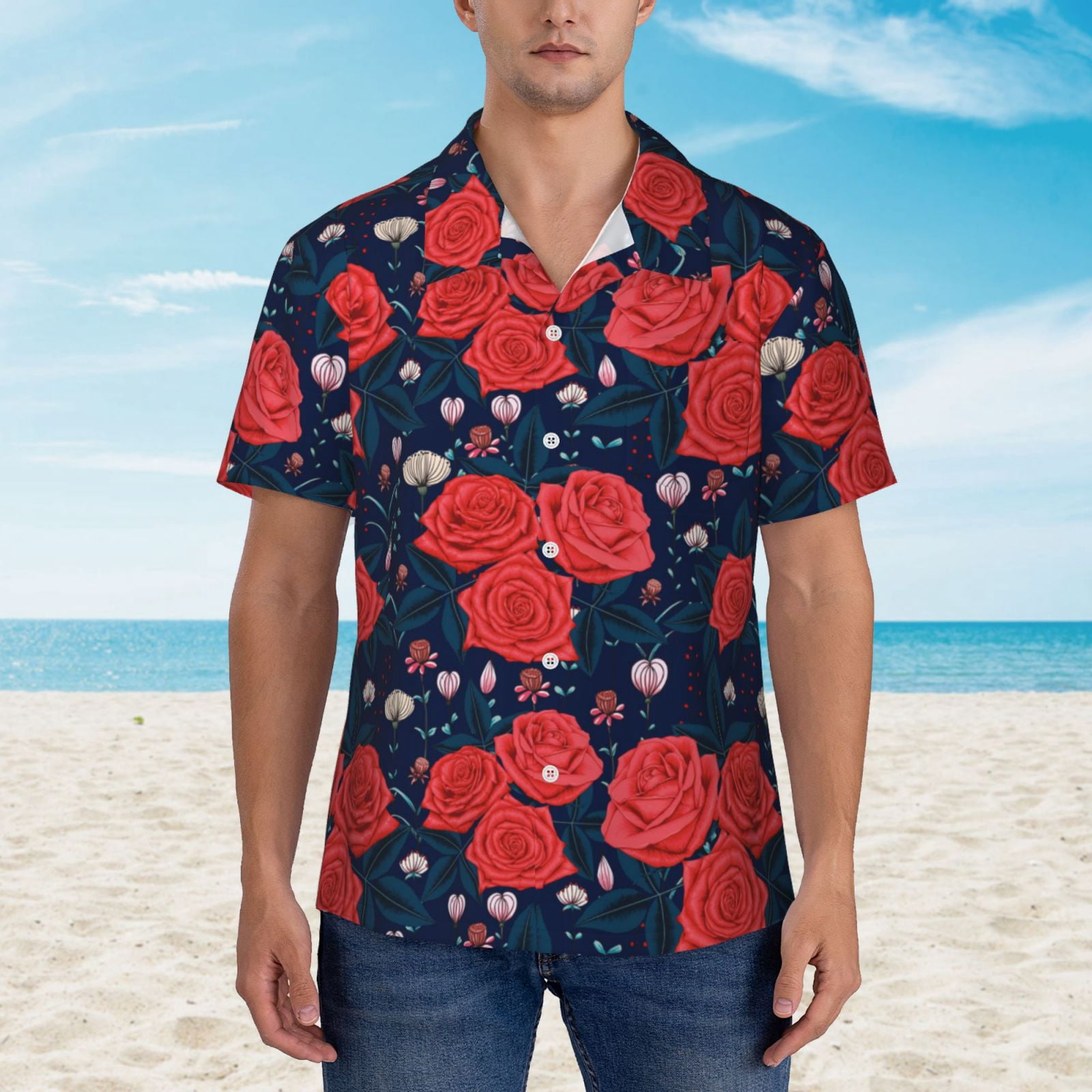 Beach Hawaiian Shirt For Men With Pocket, Lotus Root Rose Flowers Short ...