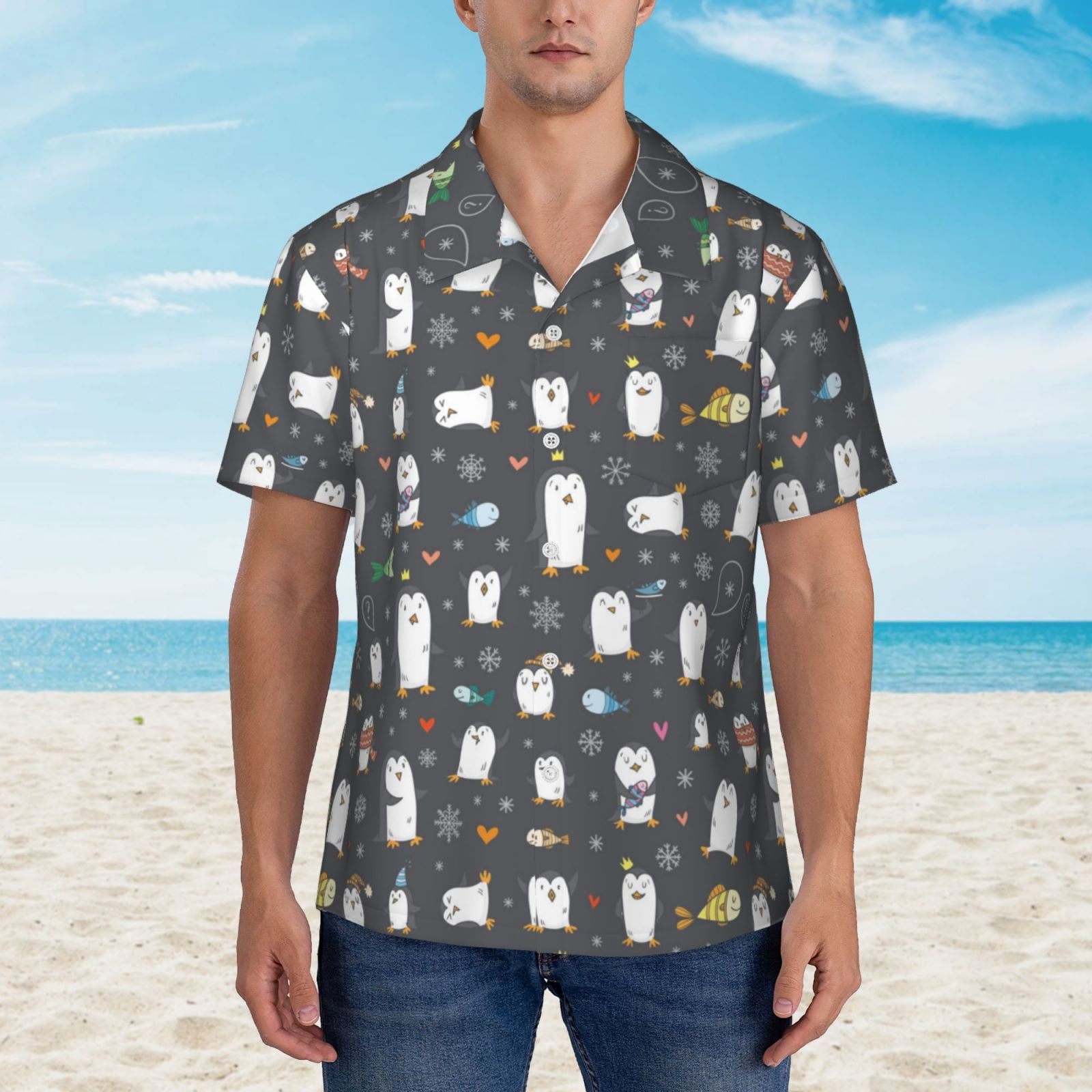 Beach Hawaiian Shirt For Men With Pocket, Lovely Penguin Short Sleeve ...