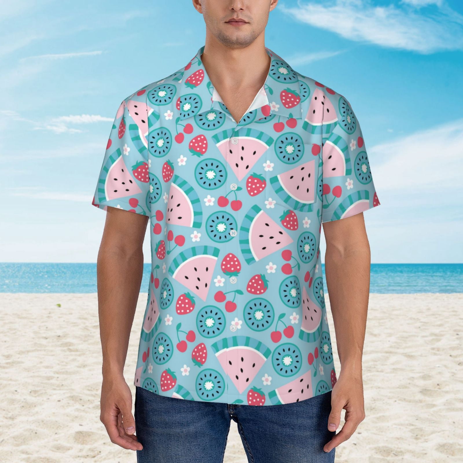 Beach Hawaiian Shirt For Men With Pocket, Melon Kiwi Strawberry Print ...