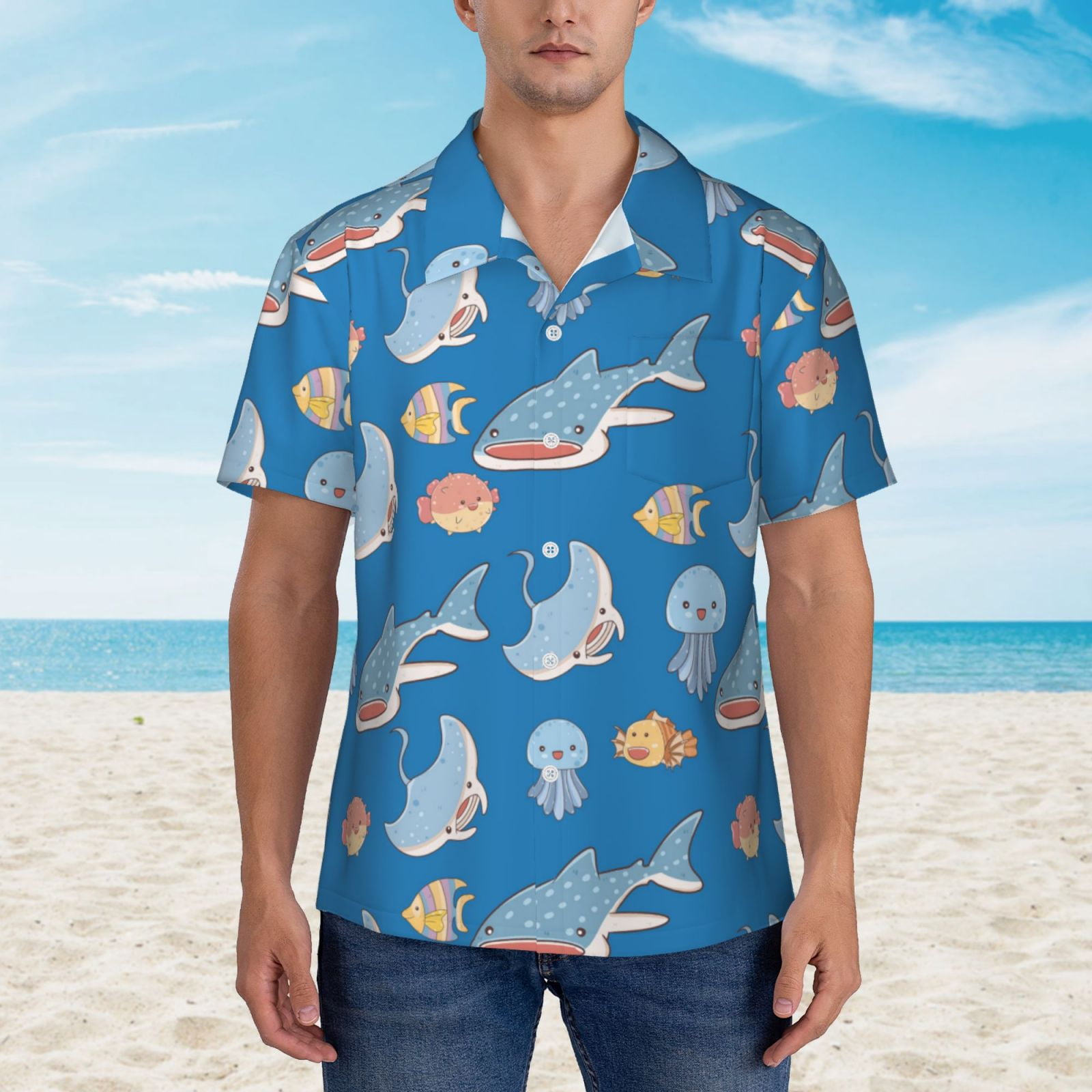 Beach Hawaiian Shirt For Men With Pocket, Ocean Cute Shark Jellyfish ...