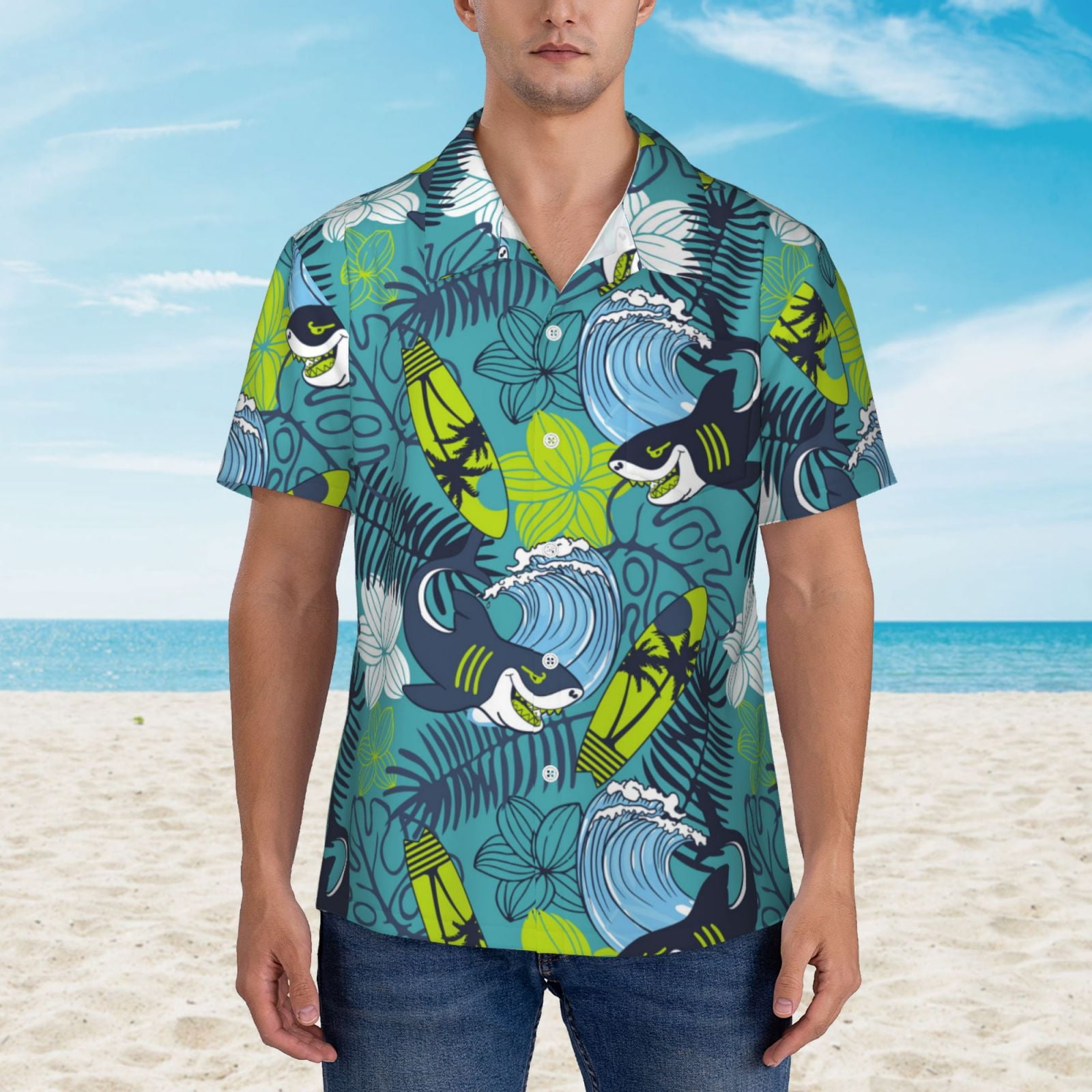 Beach Hawaiian Shirt For Men With Pocket, Palm Leaf Surfboard Shark ...