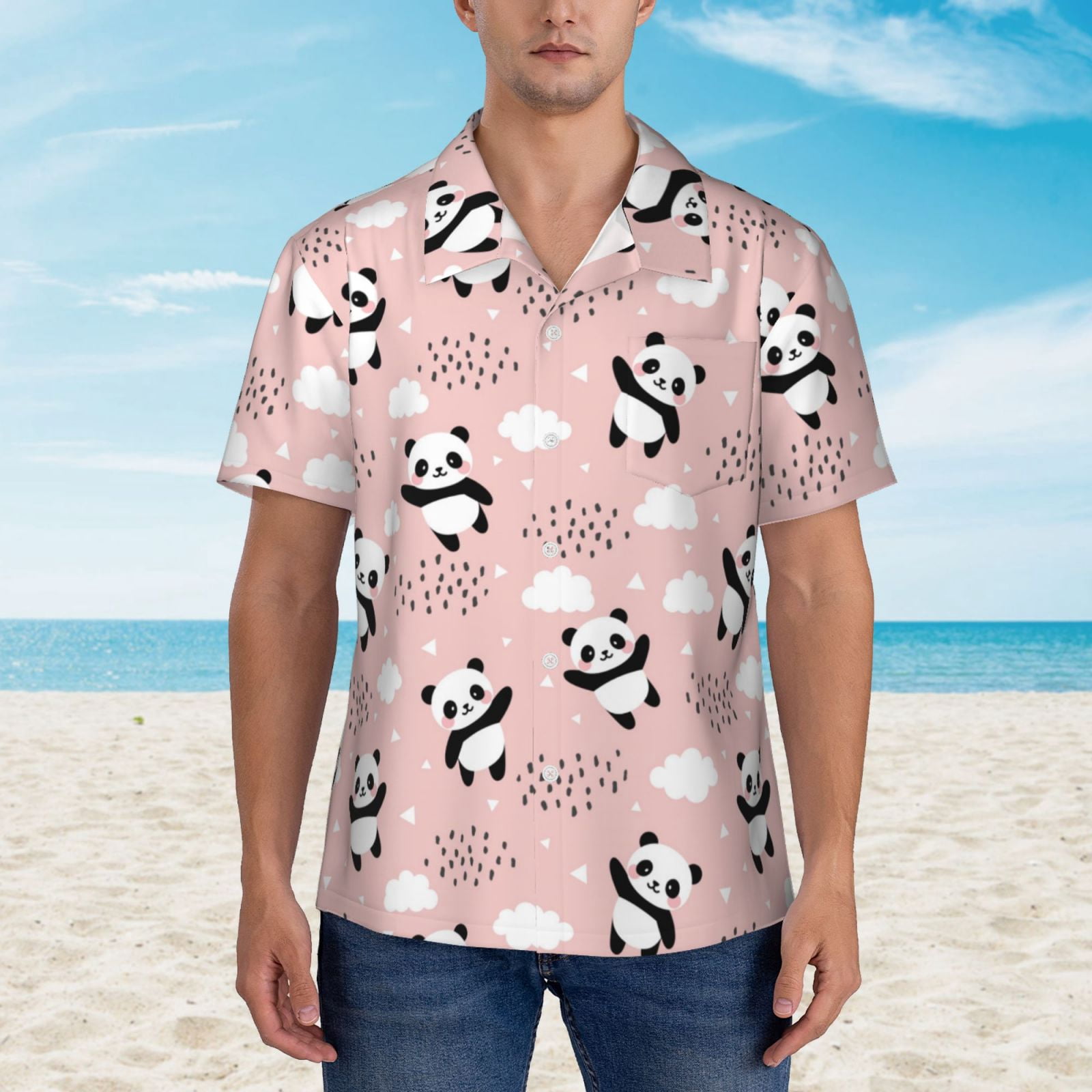 Beach Hawaiian Shirt For Men With Pocket, Panda Flying In The Sky (2) Short Sleeve Button Down ...