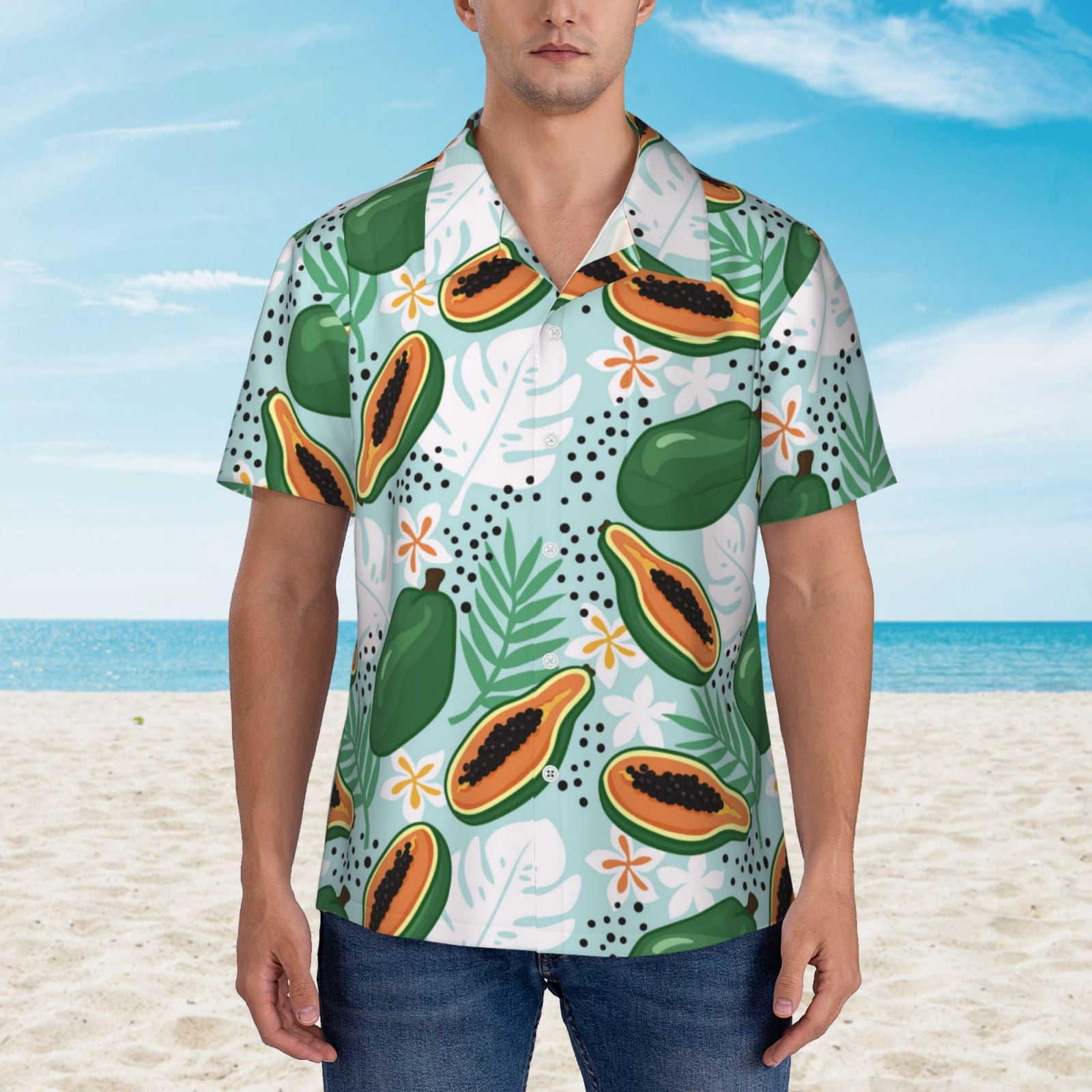 Beach Hawaiian Shirt For Men With Pocket, Papaya Tropical Green Short ...