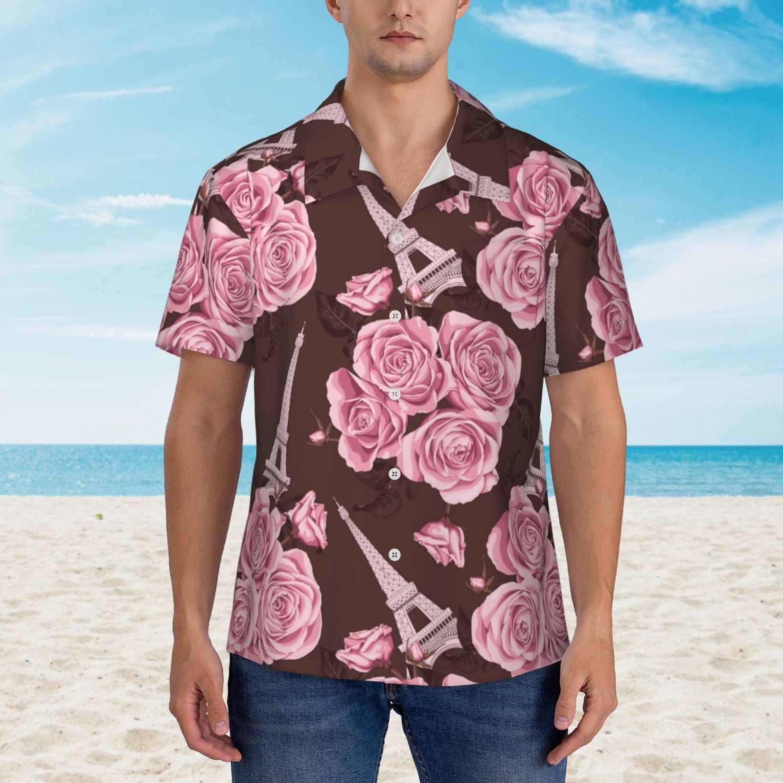 Beach Hawaiian Shirt For Men With Pocket, Pink Flower Tower Short ...