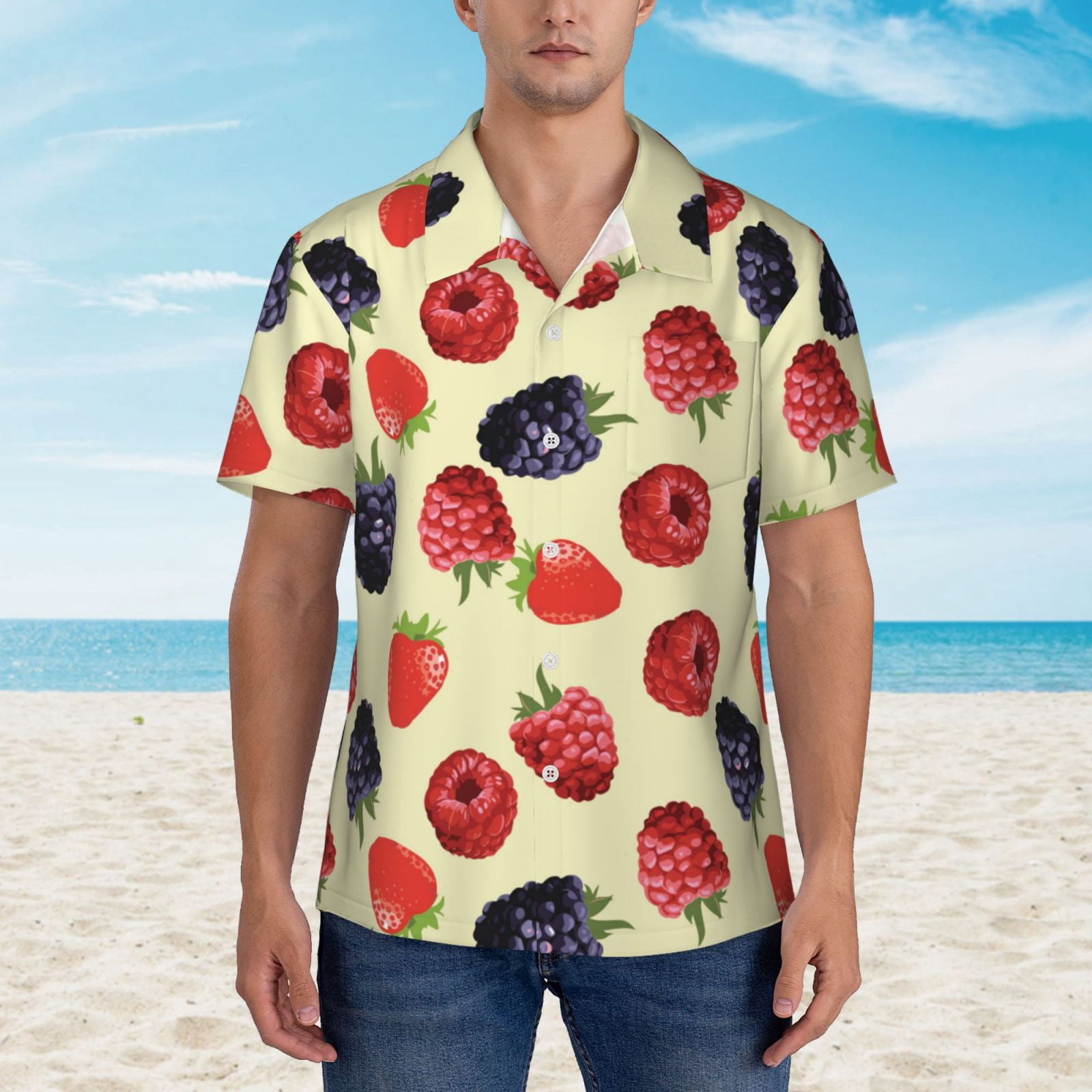 Beach Hawaiian Shirt For Men With Pocket, Red Berry Blue Short Sleeve ...