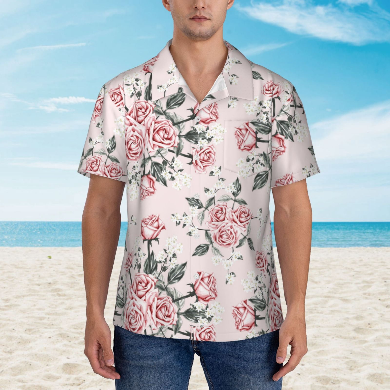 Beach Hawaiian Shirt For Men With Pocket, Rose Flowers Bouquet Short ...