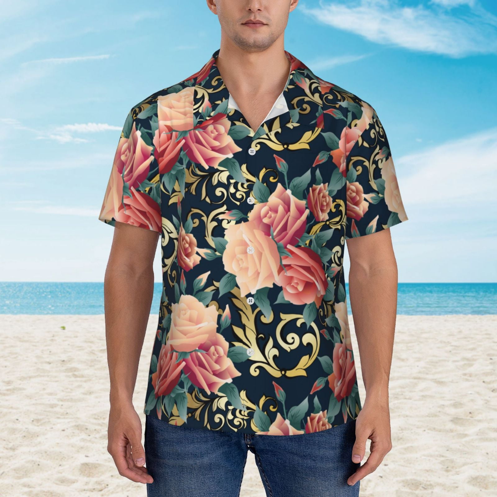 Beach Hawaiian Shirt For Men With Pocket, Rose Flowers Texture Short ...