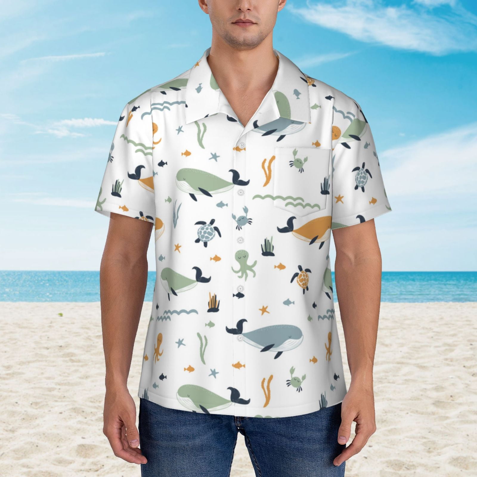 Beach Hawaiian Shirt For Men With Pocket, Sea Creatures A Short Sleeve ...