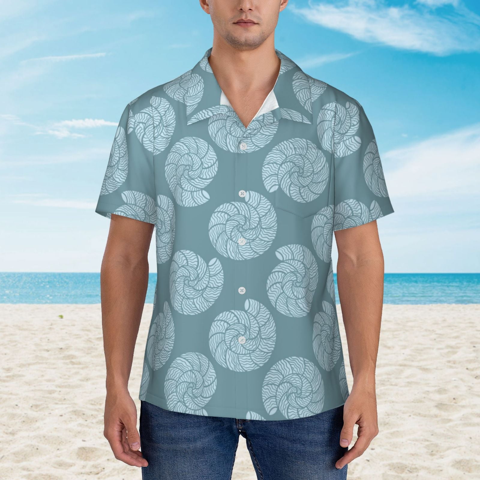 Beach Hawaiian Shirt For Men With Pocket, Sea Shells Blue Short Sleeve ...