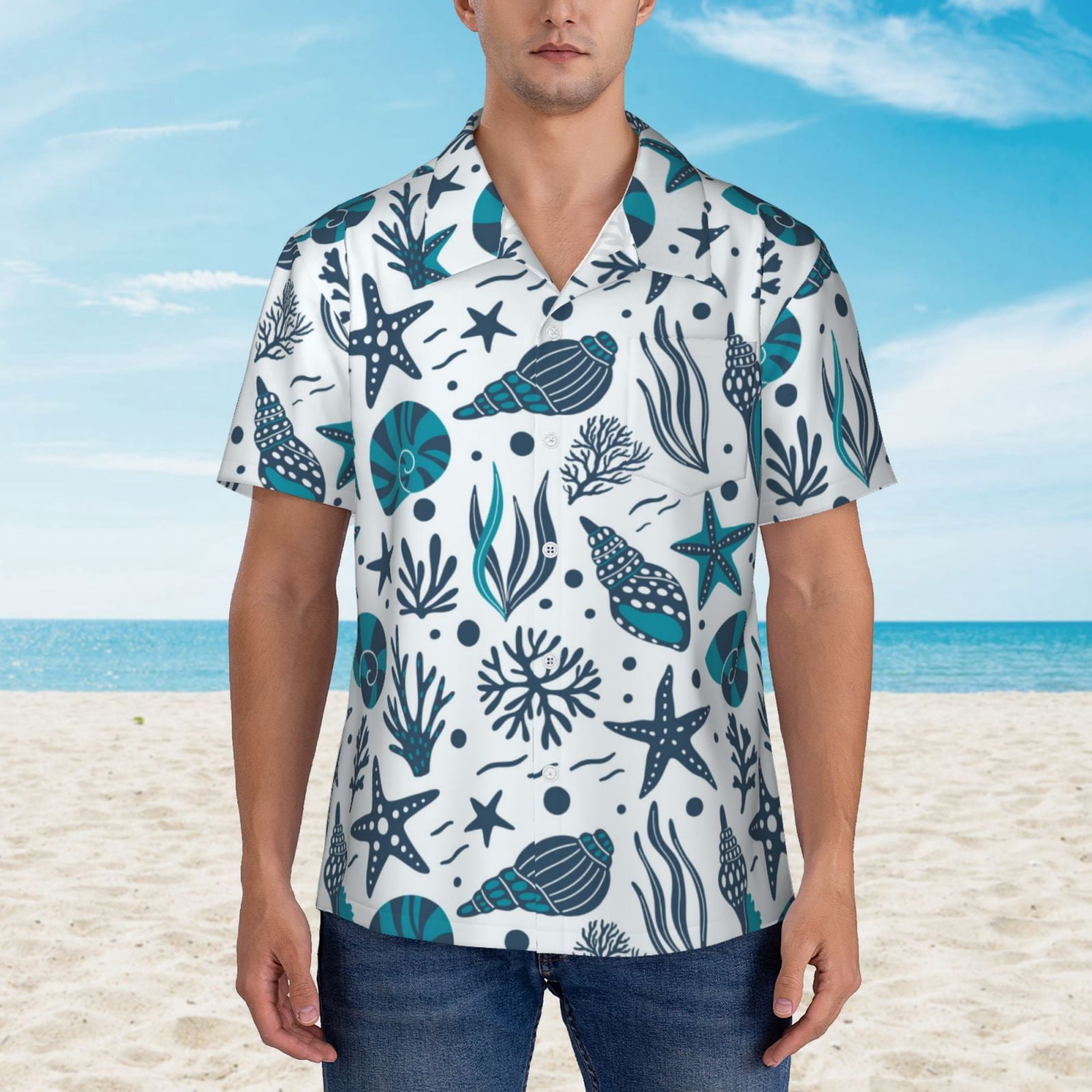 Beach Hawaiian Shirt For Men With Pocket, Seashells Starfish Corals ...