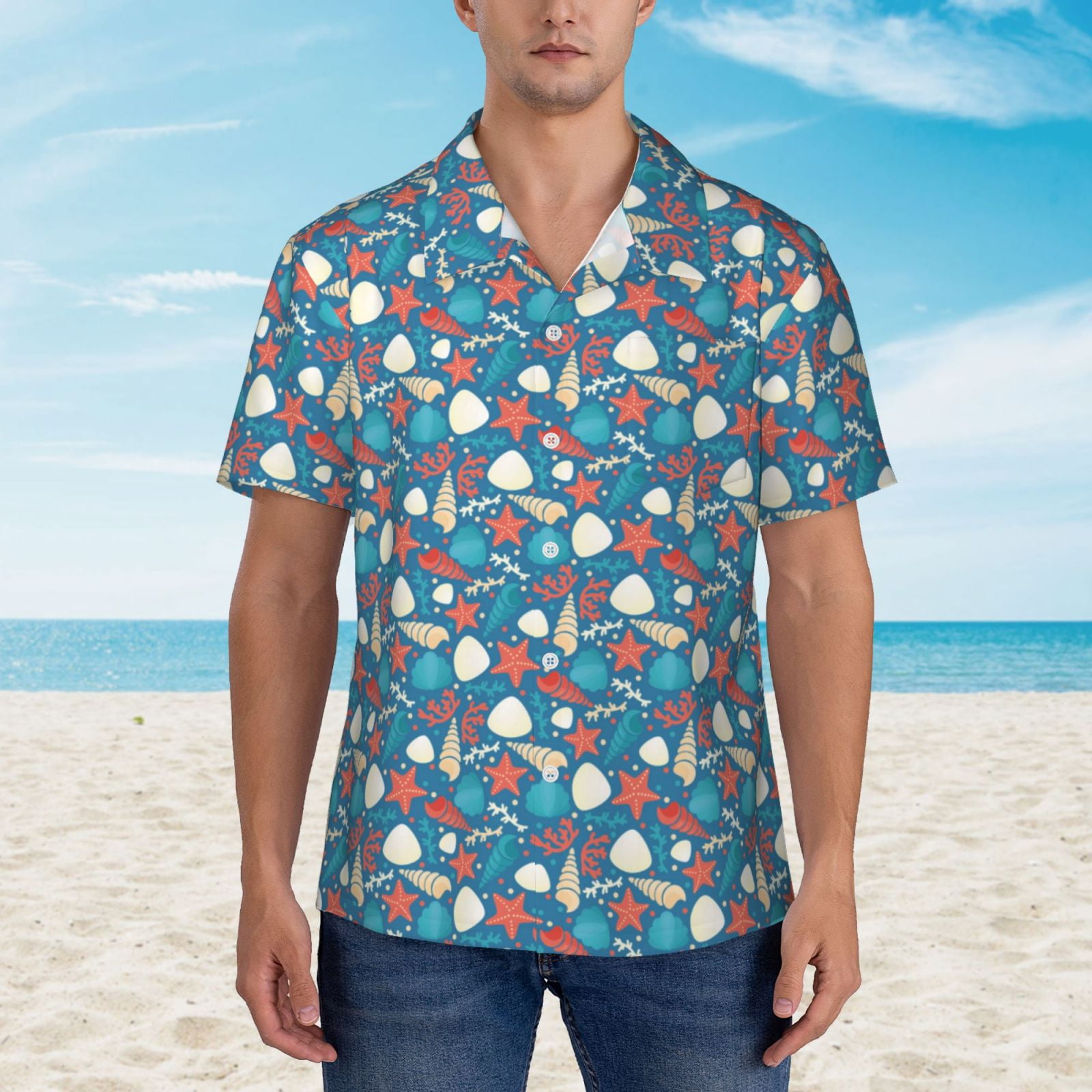 Beach Hawaiian Shirt For Men With Pocket, Seashells Weed Starfish Short ...