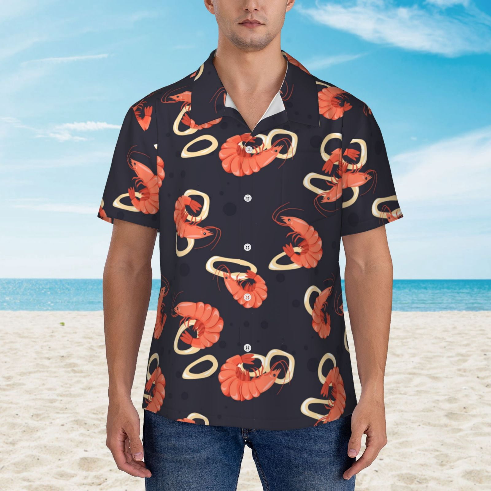 Beach Hawaiian Shirt For Men With Pocket, Shrimp No.9076 Short Sleeve ...