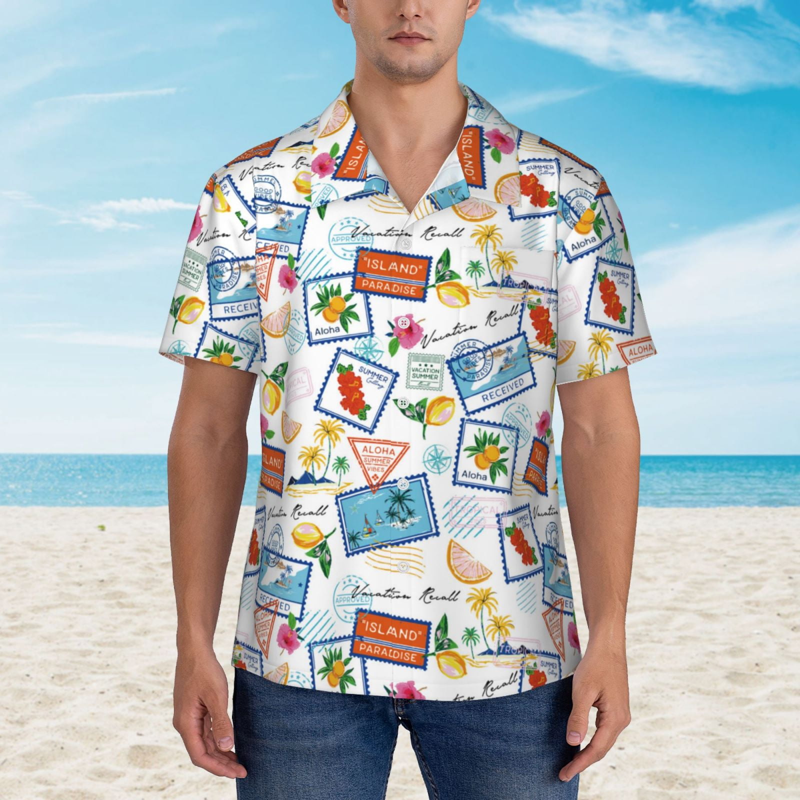 Beach Hawaiian Shirt For Men With Pocket, Stamp Short Sleeve Button ...