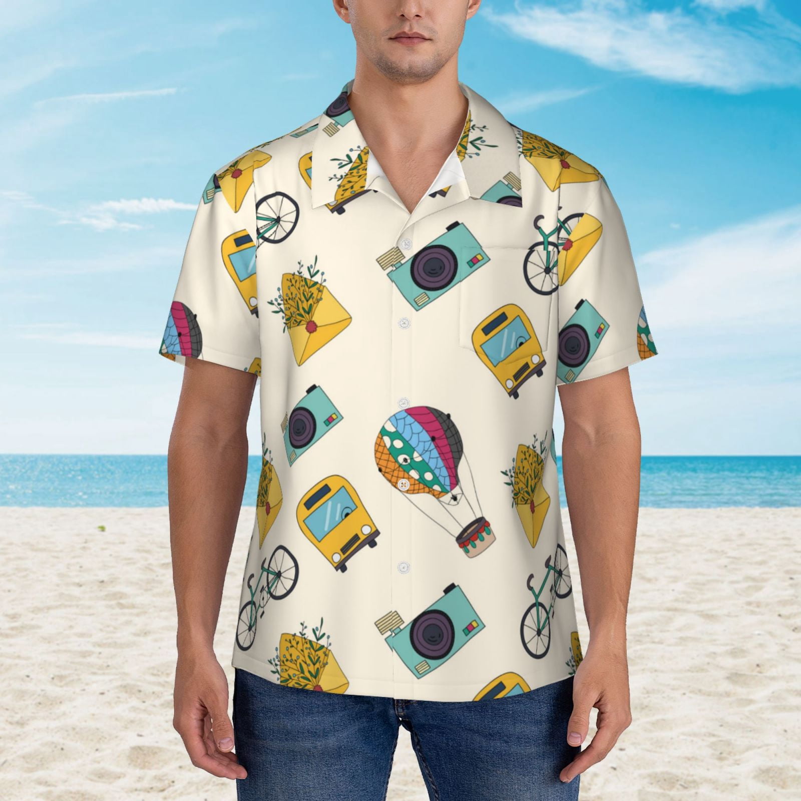 Beach Hawaiian Shirt For Men With Pocket, Travel Elements Short Sleeve ...