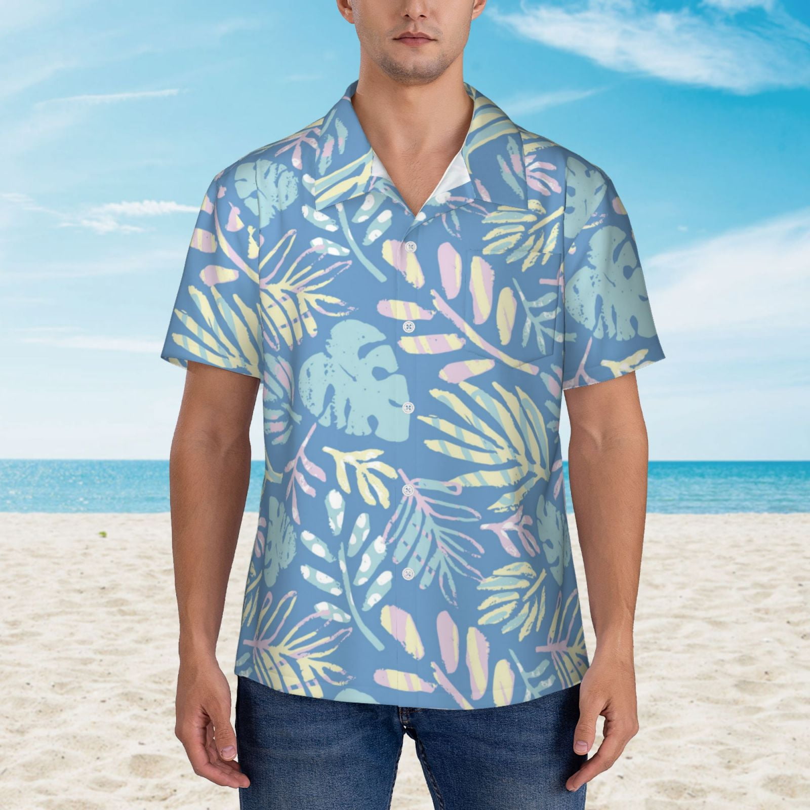 Beach Hawaiian Shirt For Men With Pocket, Tropical Leaf Palm Tree Short ...