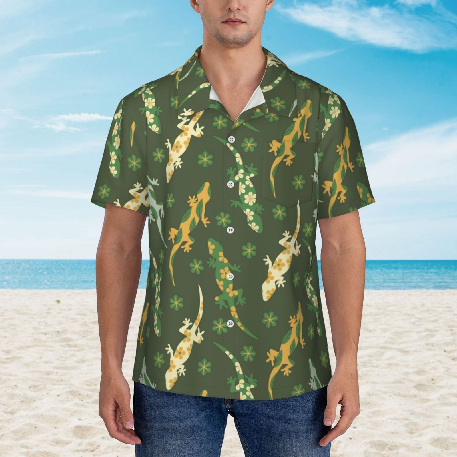Beach Hawaiian Shirt For Men With Pocket, Tropical Lizard Gecko Green ...