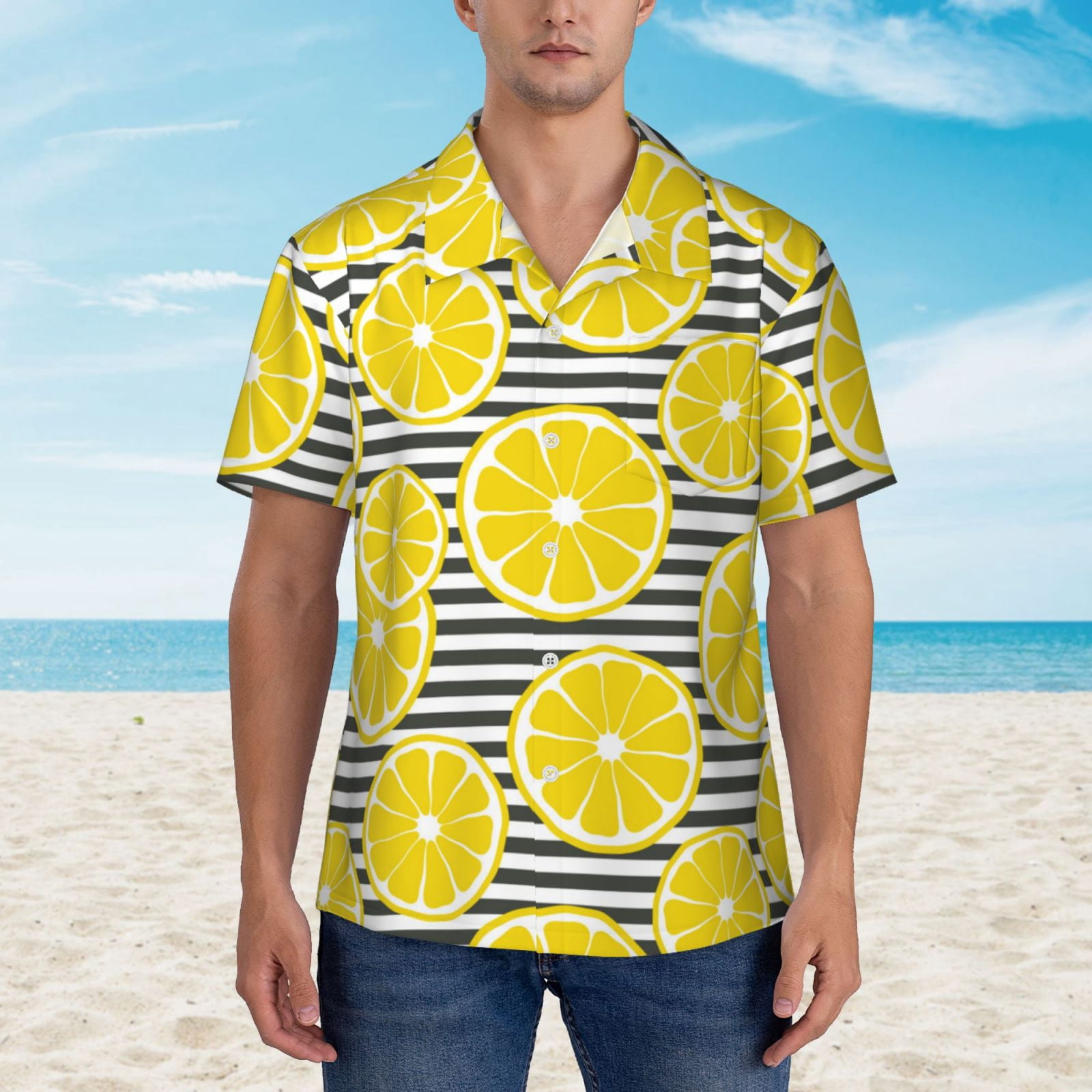 Beach Hawaiian Shirt For Men With Pocket, Yellow Lemon Print Short ...